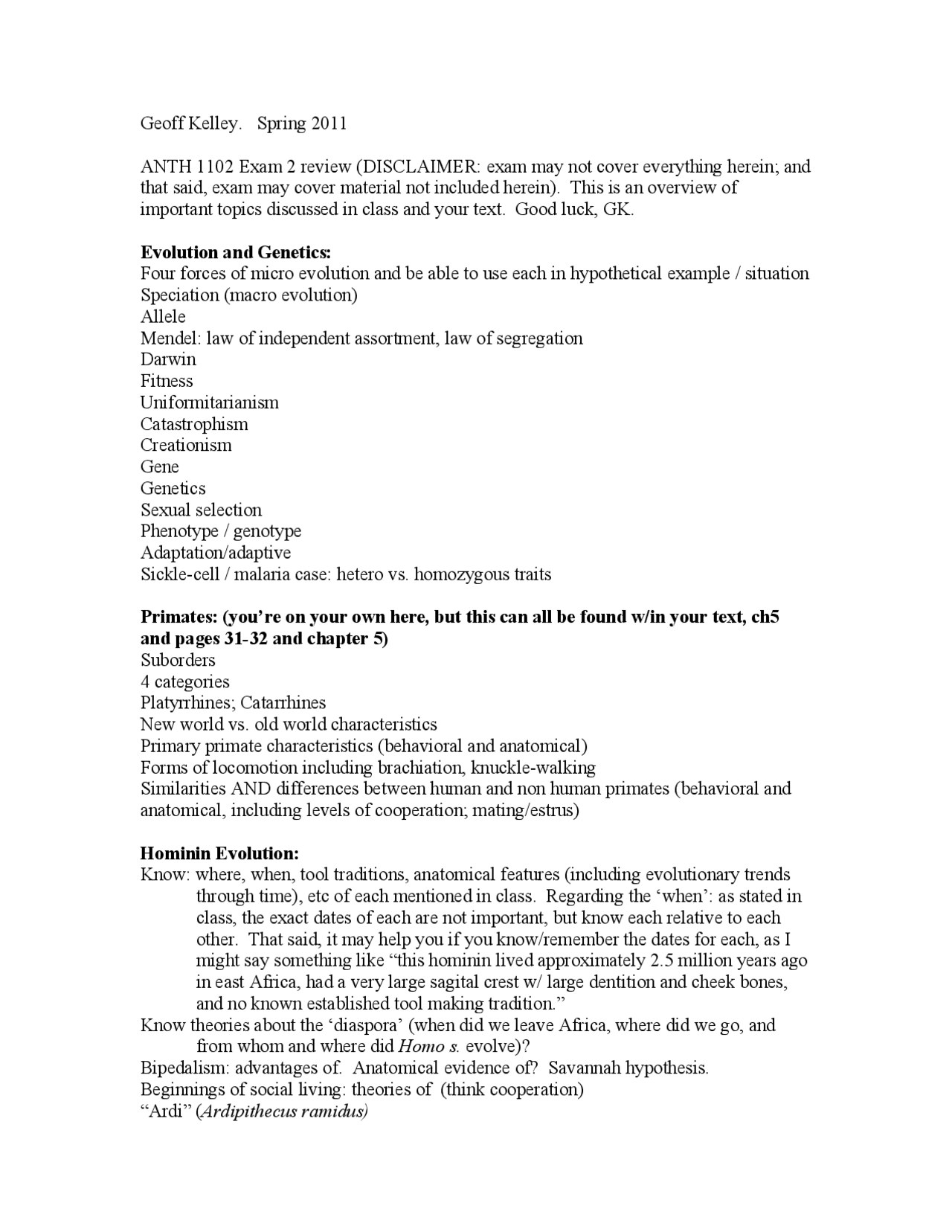 Exam 2 Study Guide for Introduction to Anthropology | ANTH 1102 - Docsity