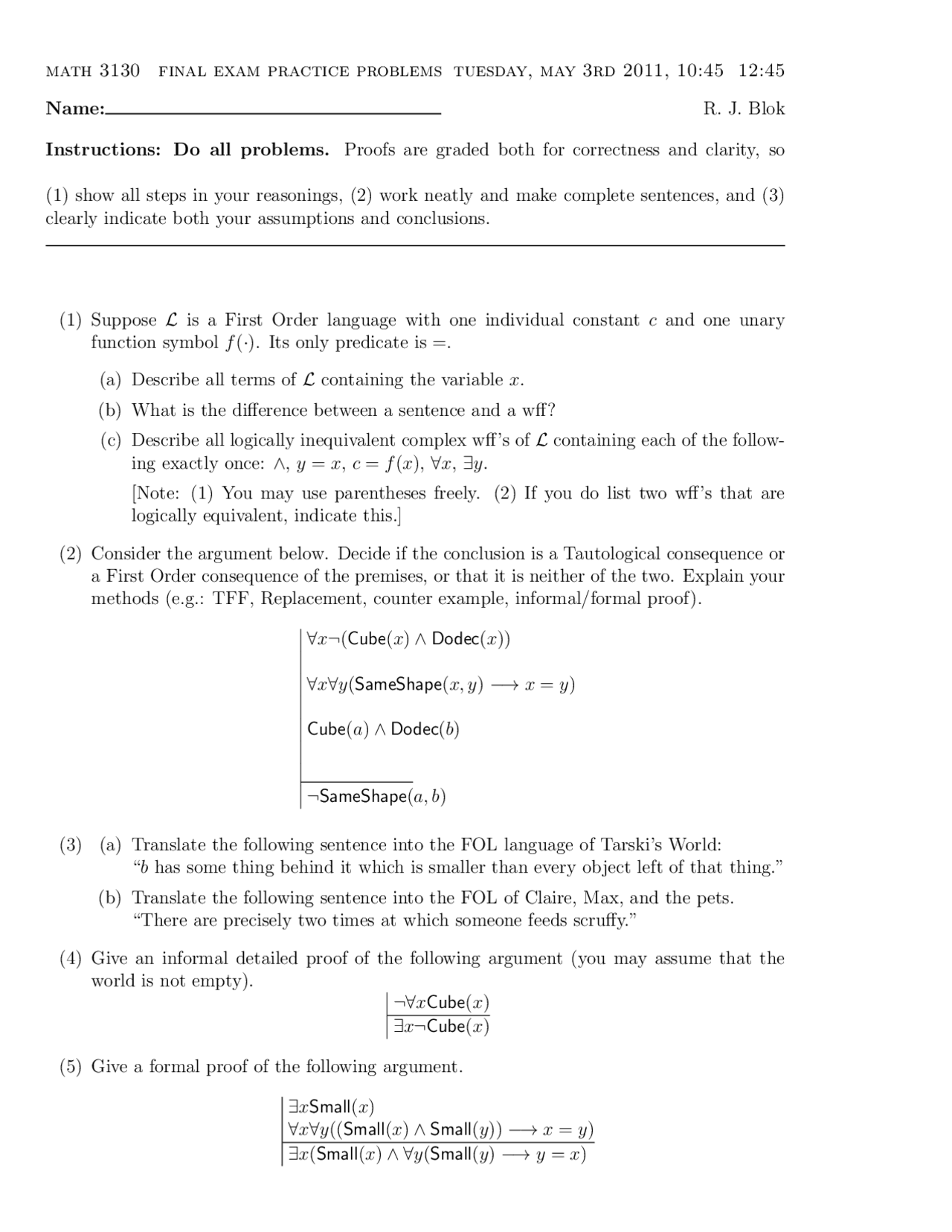 Final Exam Practice Problems Elementary Mathematical Logic Math