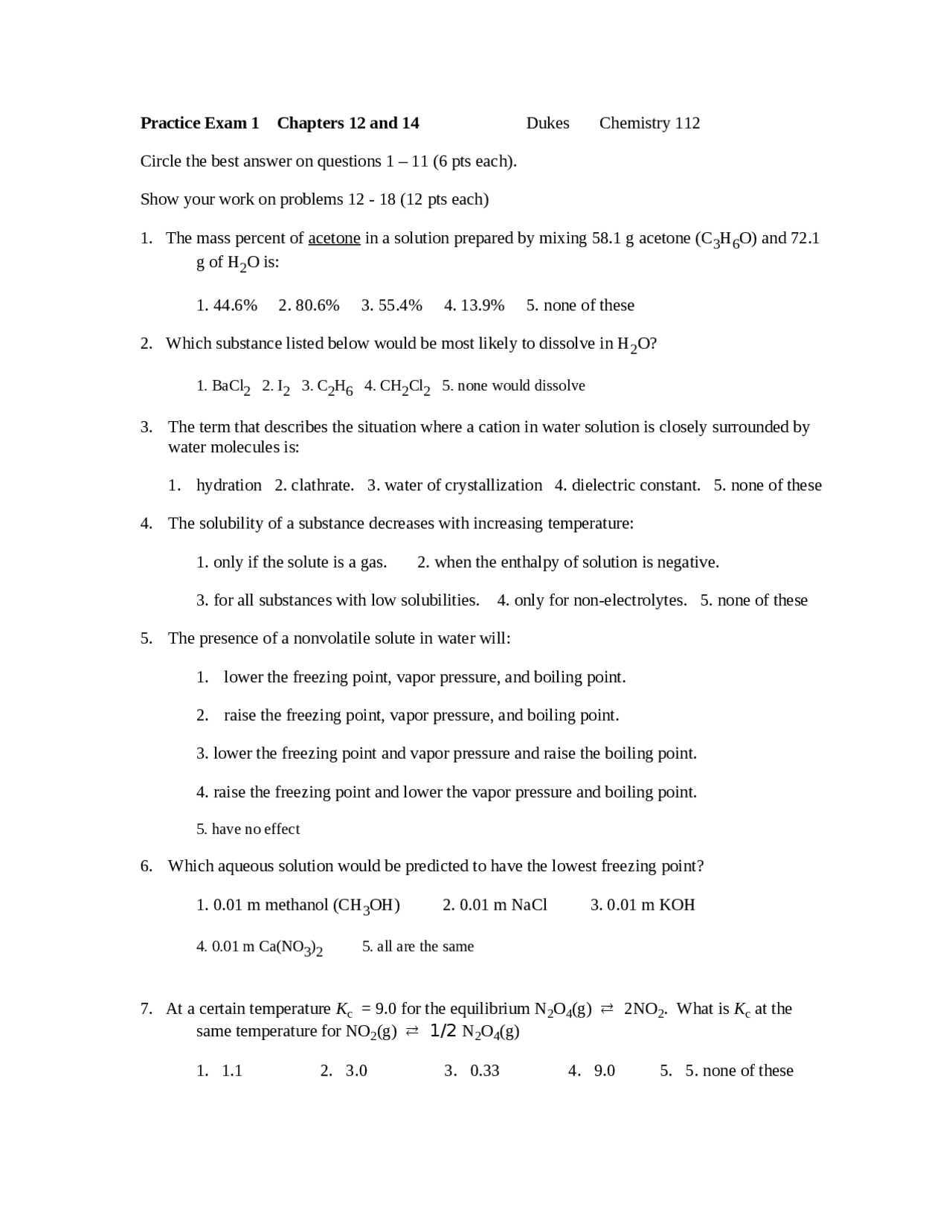 Practice Exam 1 - General Chemistry | CHEM 112 - Docsity
