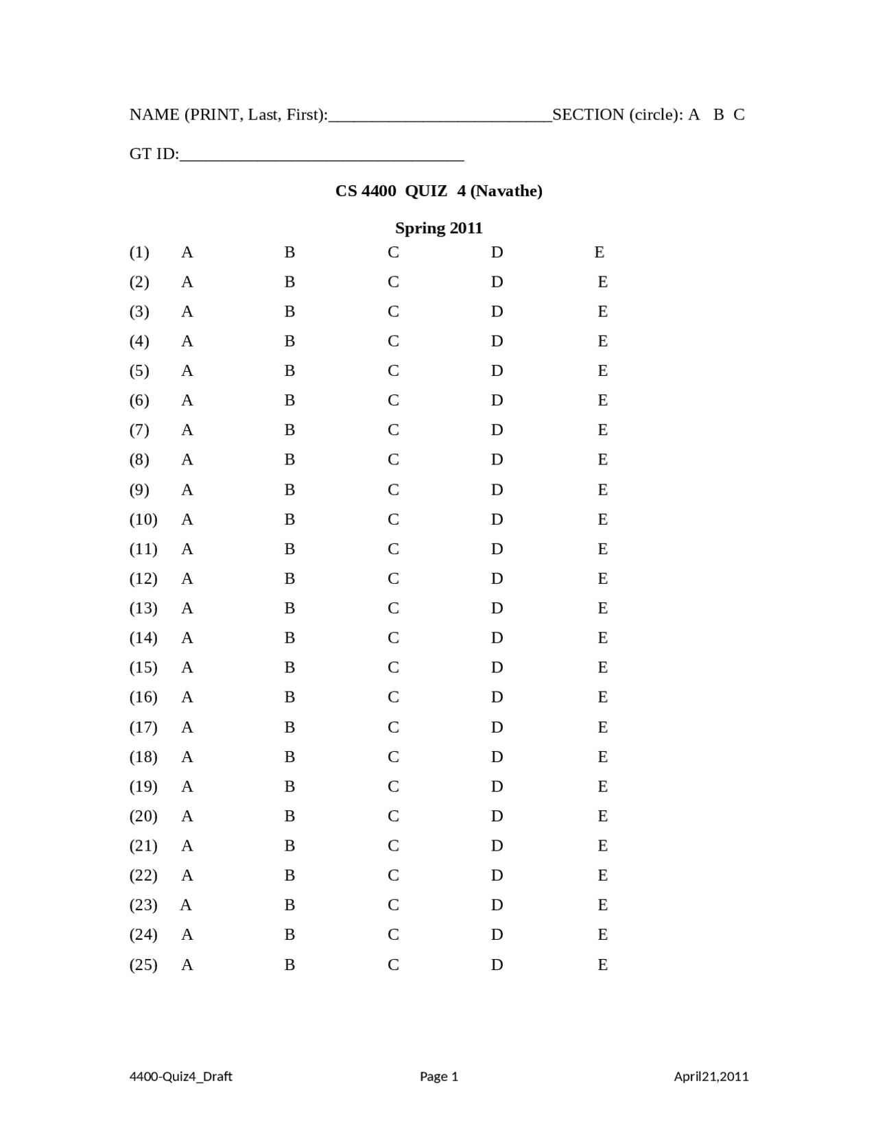 Quiz 4 With Answer Key Introduction To Database Systems Cs 4400