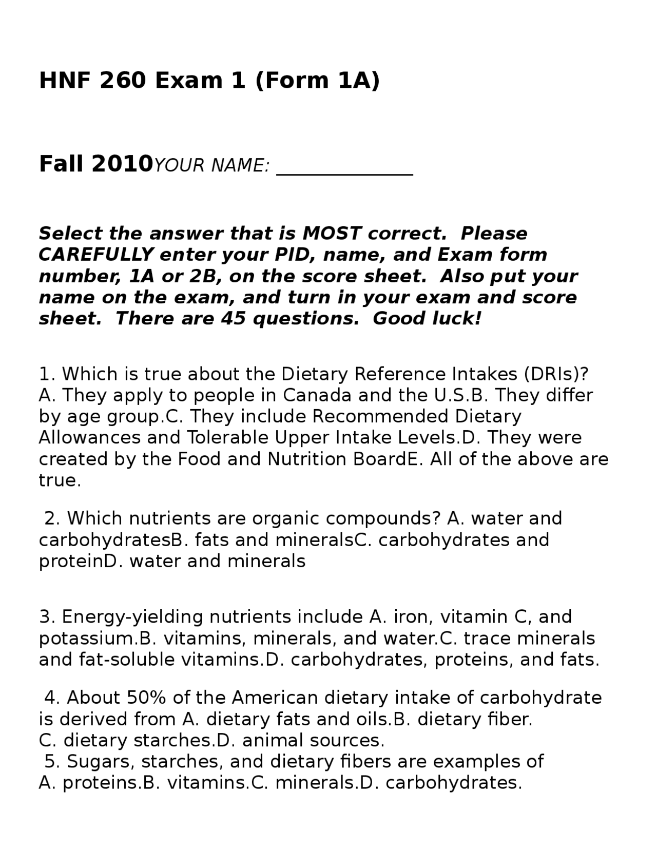 Exam 1, Form 1A for Principles of Human Nutrition | HNF 260 | Provas ...