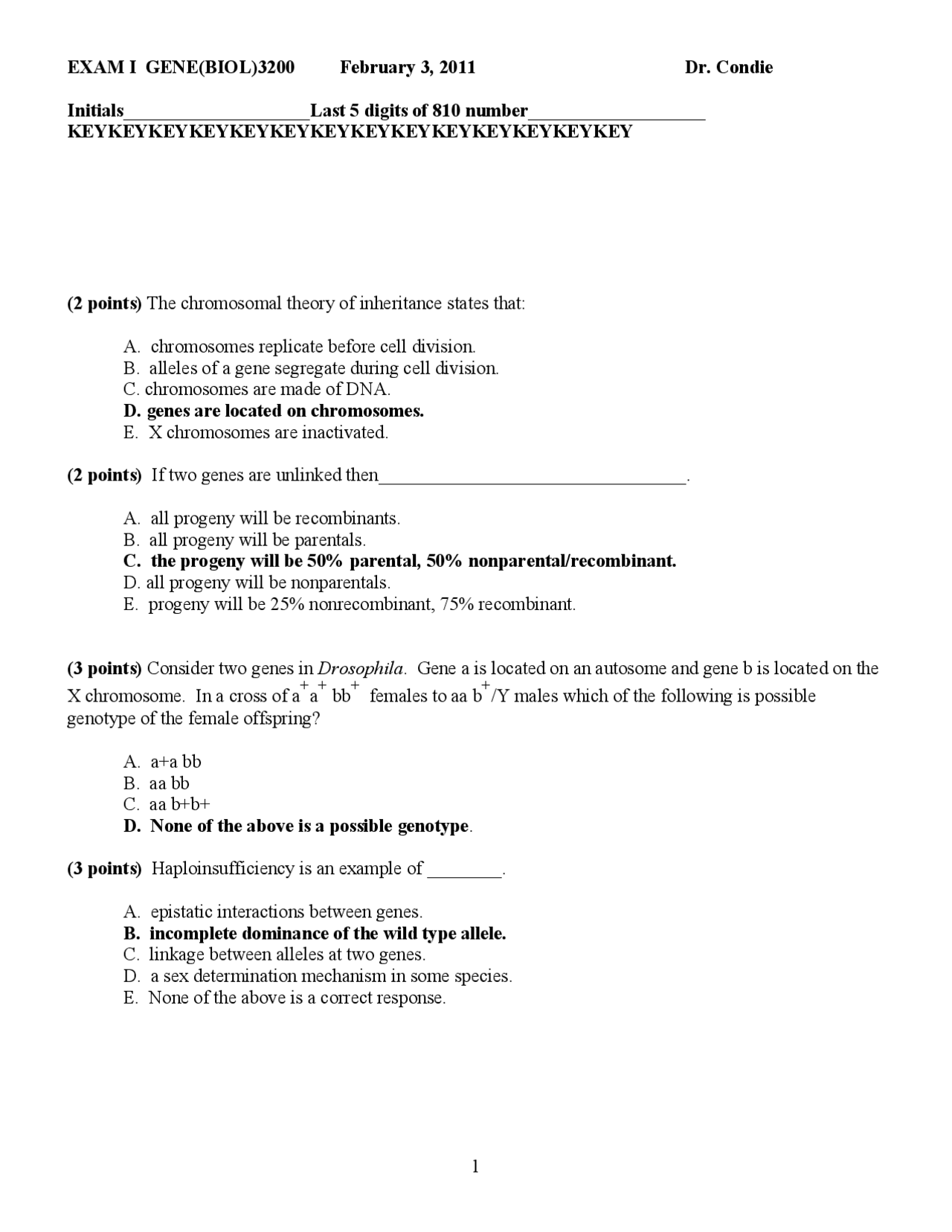 Exam 1 with Answer Key for Genetics | GENE 3200 - Docsity