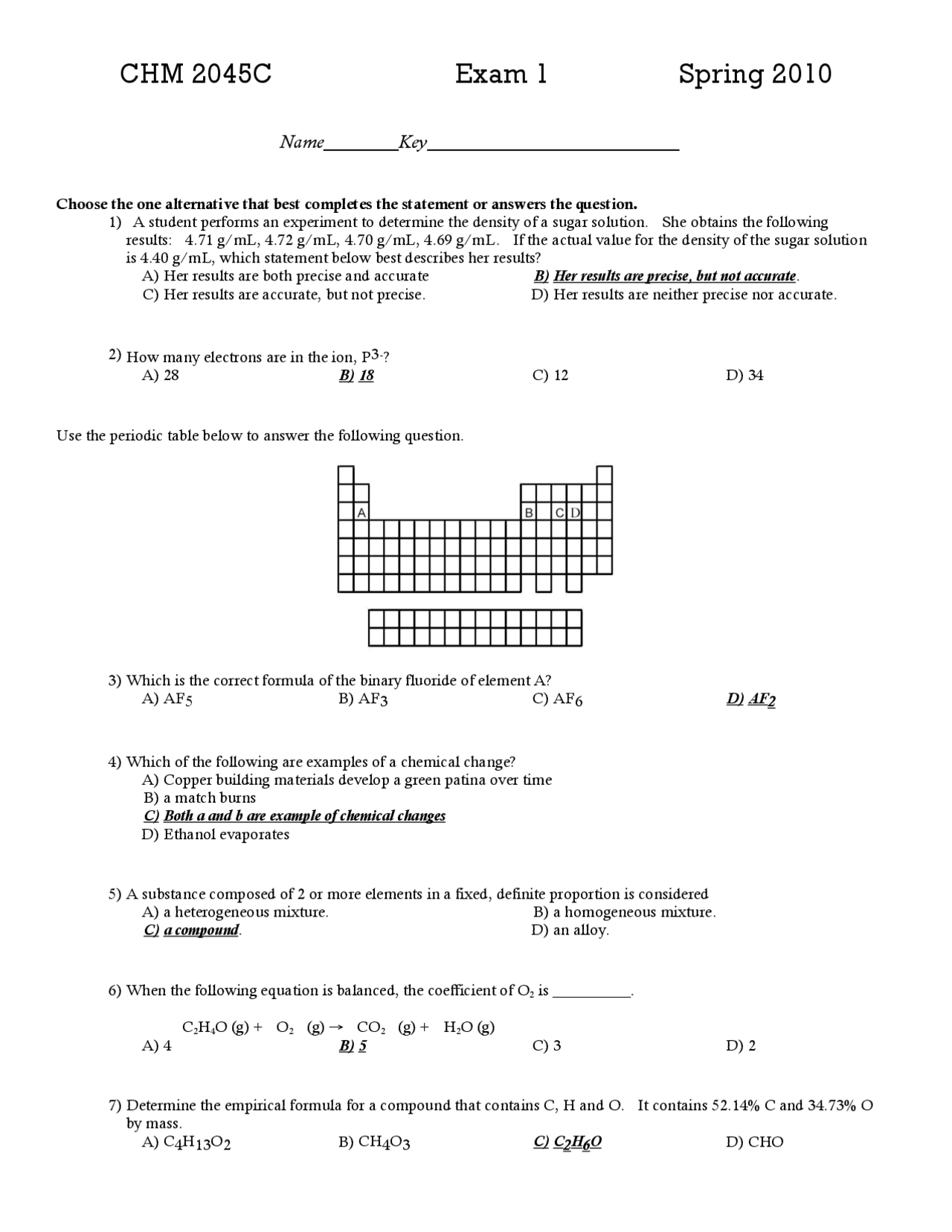 Resolution Of Practice Exam 1 On Chemistry Fundamentals I Chm 2045c