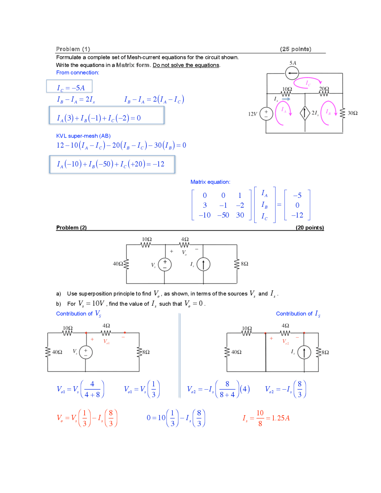 Electrical Networks Exam 2 With Solutions Eel 3004 Docsity