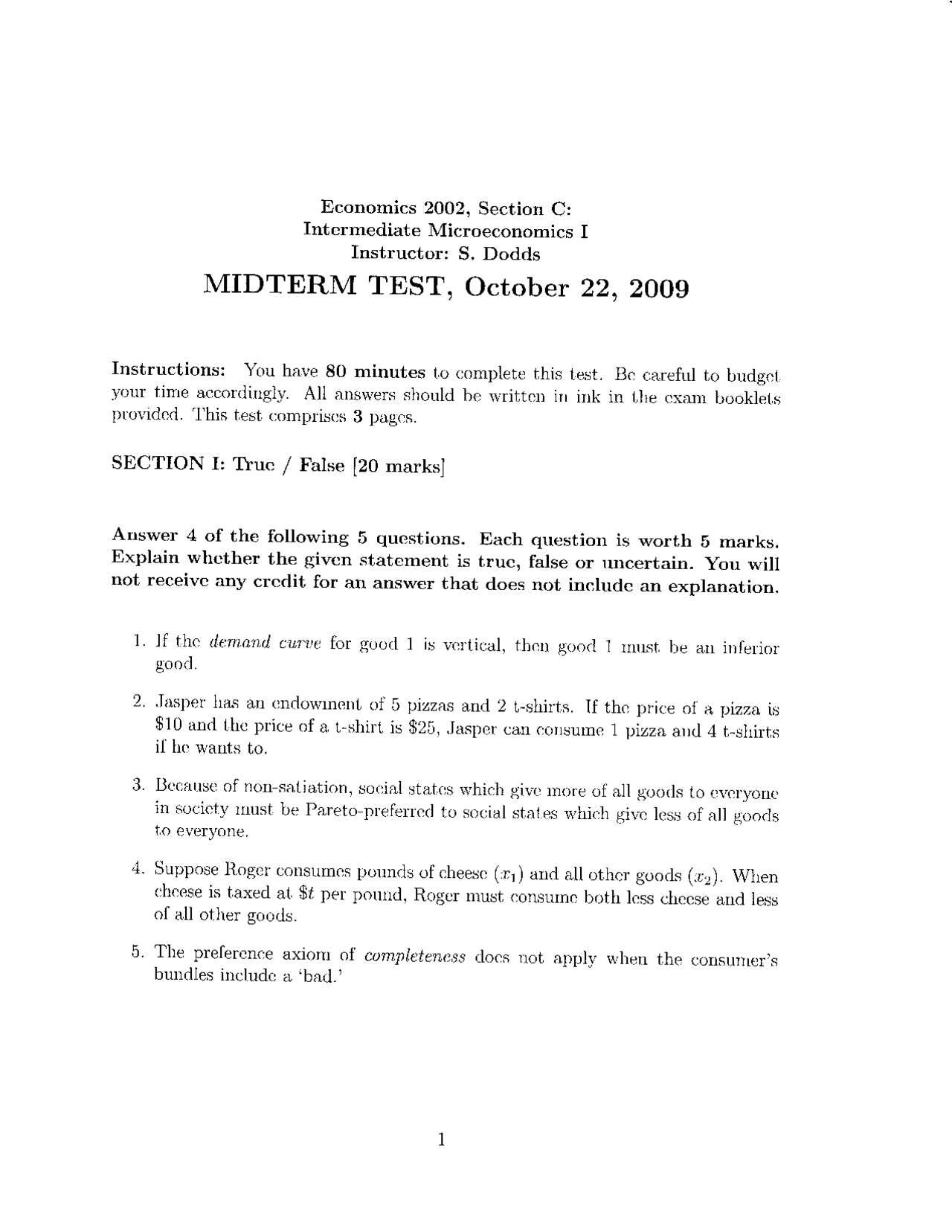 Midterm Test With Solutions Microeconomics Ii Intermediate Docsity