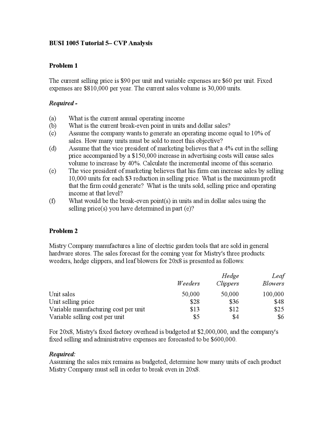 Tutorial Cvp Analysis Managerial Accounting Problems Docsity