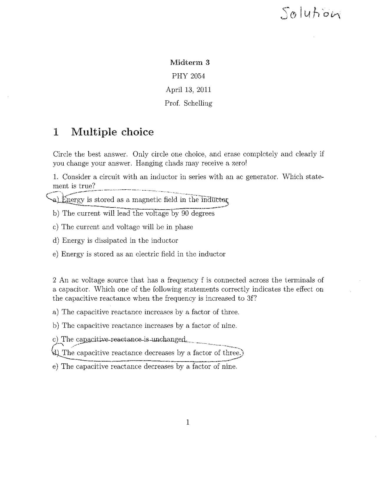 Midterm Exam 3 With Answers College Physics Ii Phy 2054c Exams