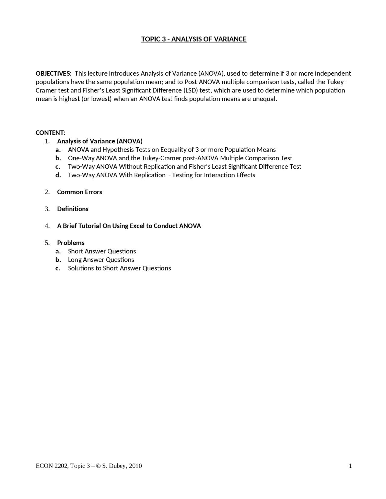 Introduces The Analysis Of Variance And The Anova Procedures Docsity
