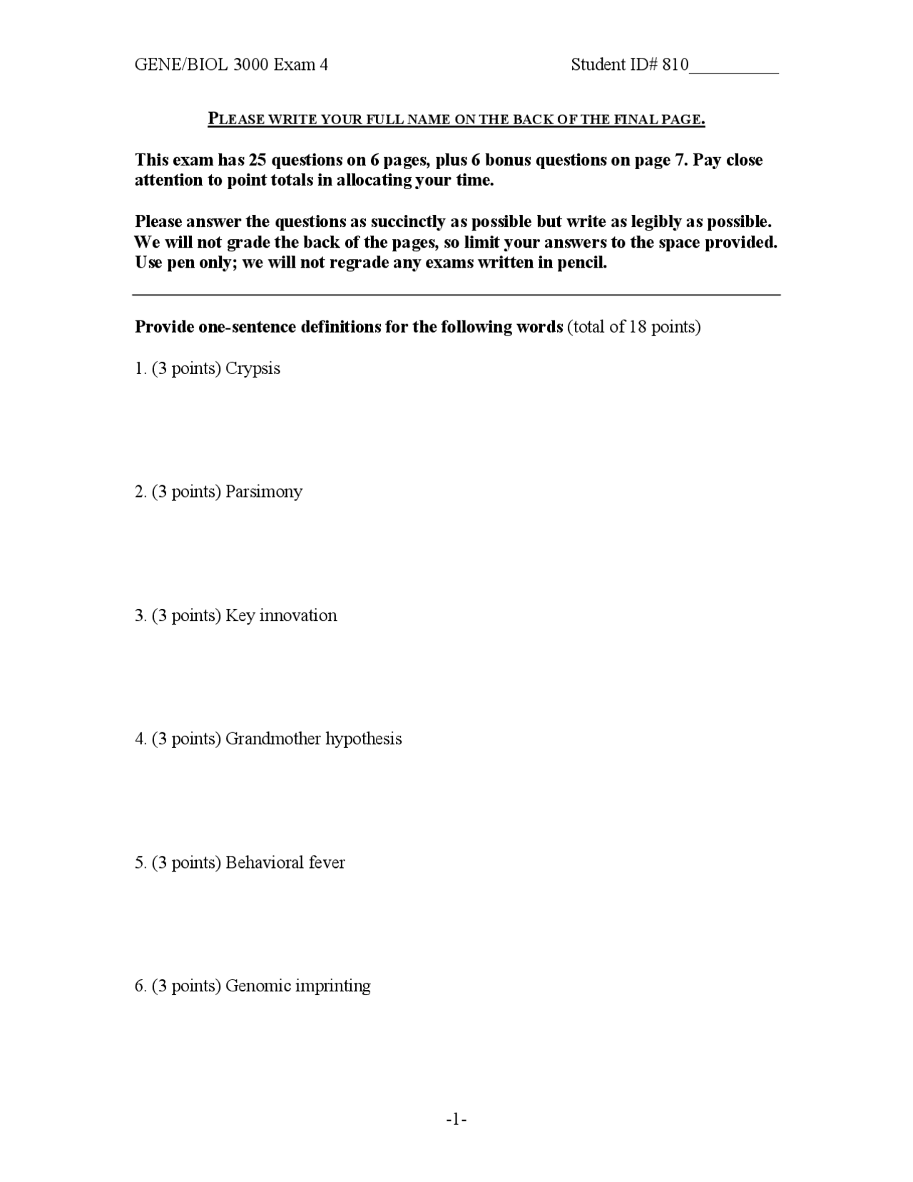25 Questions For Exam Evolutionary Biology Gene 3000 Docsity