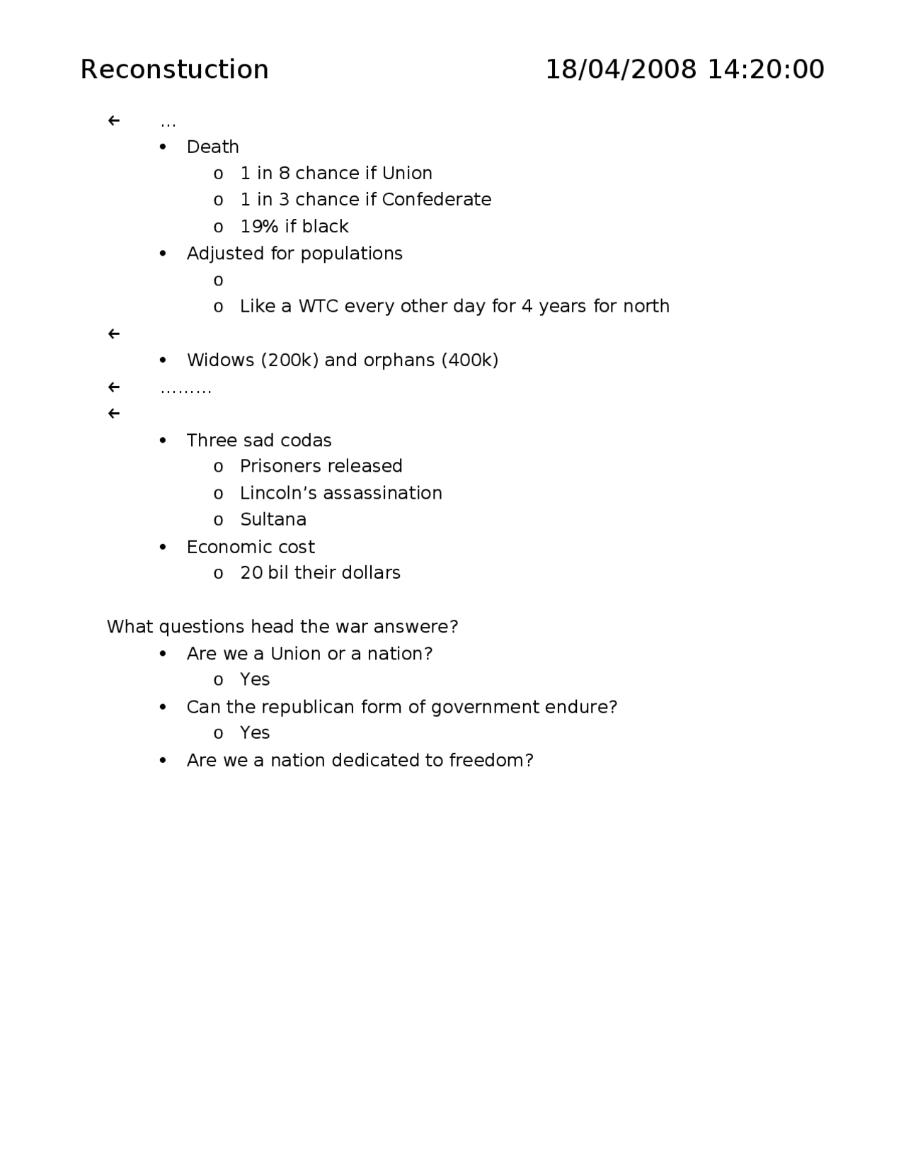 Reconstruction I American History To 1865 Lecture Notes Hist 2111