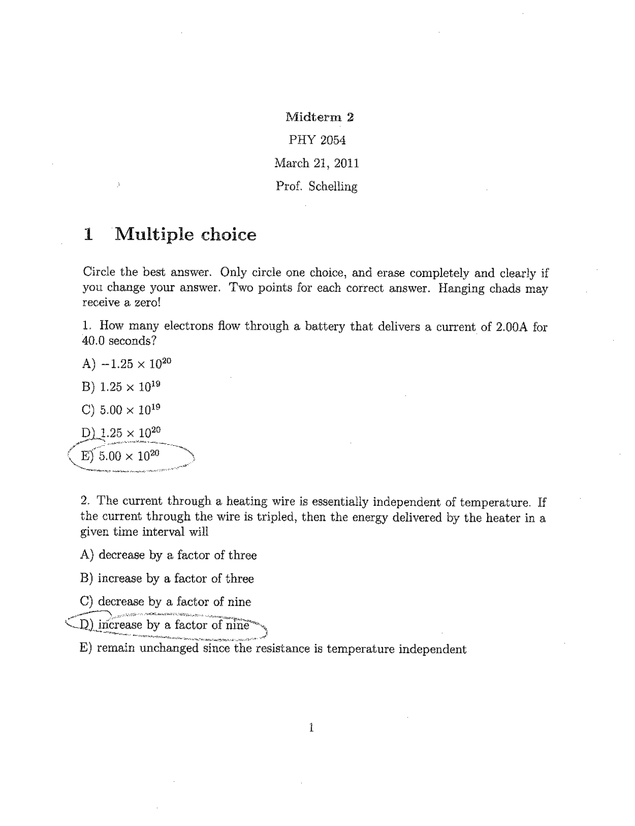 Mcqs With Answer For Exam 2 College Physics Ii Phy 2054c Docsity