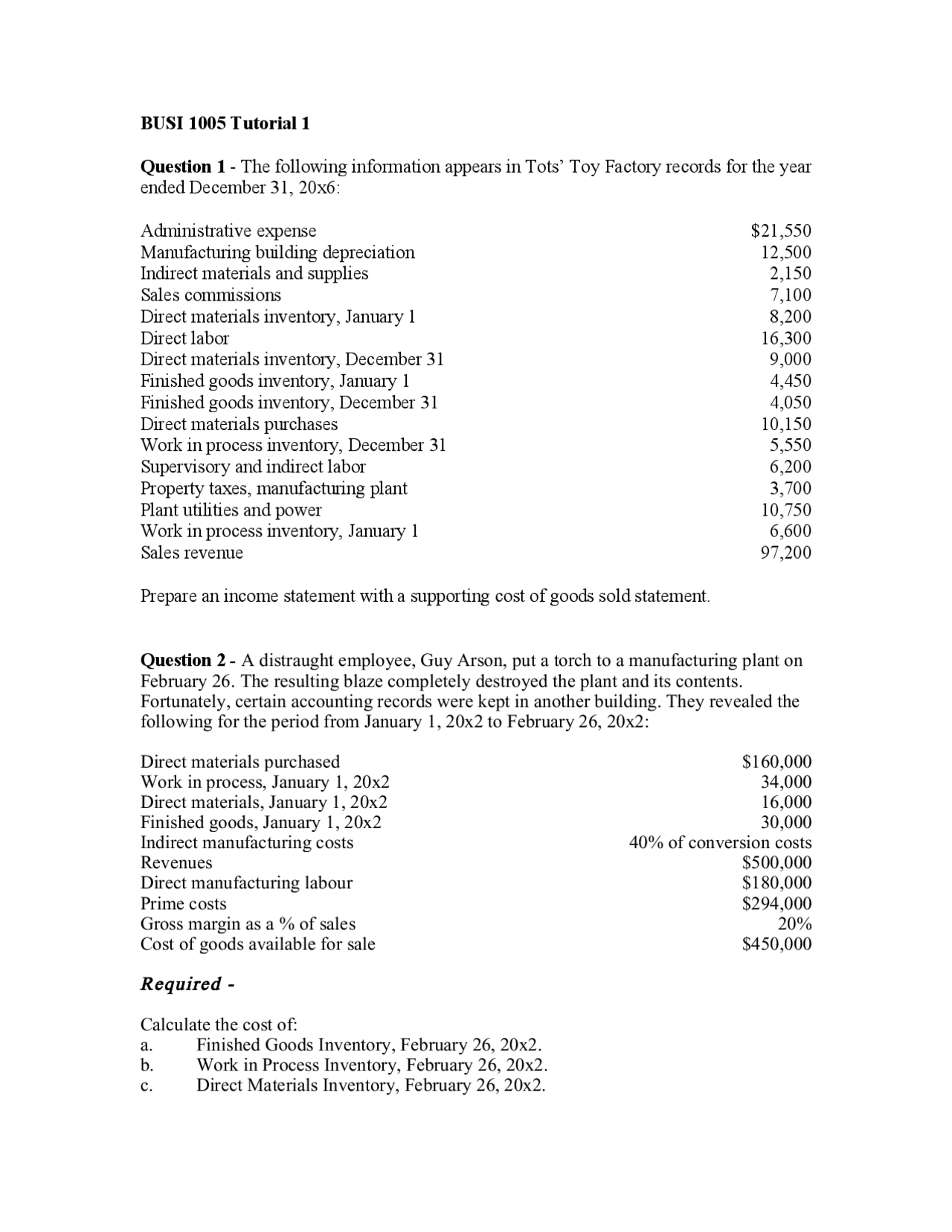 Solved Questions Tutorial 1 Managerial Accounting Docsity