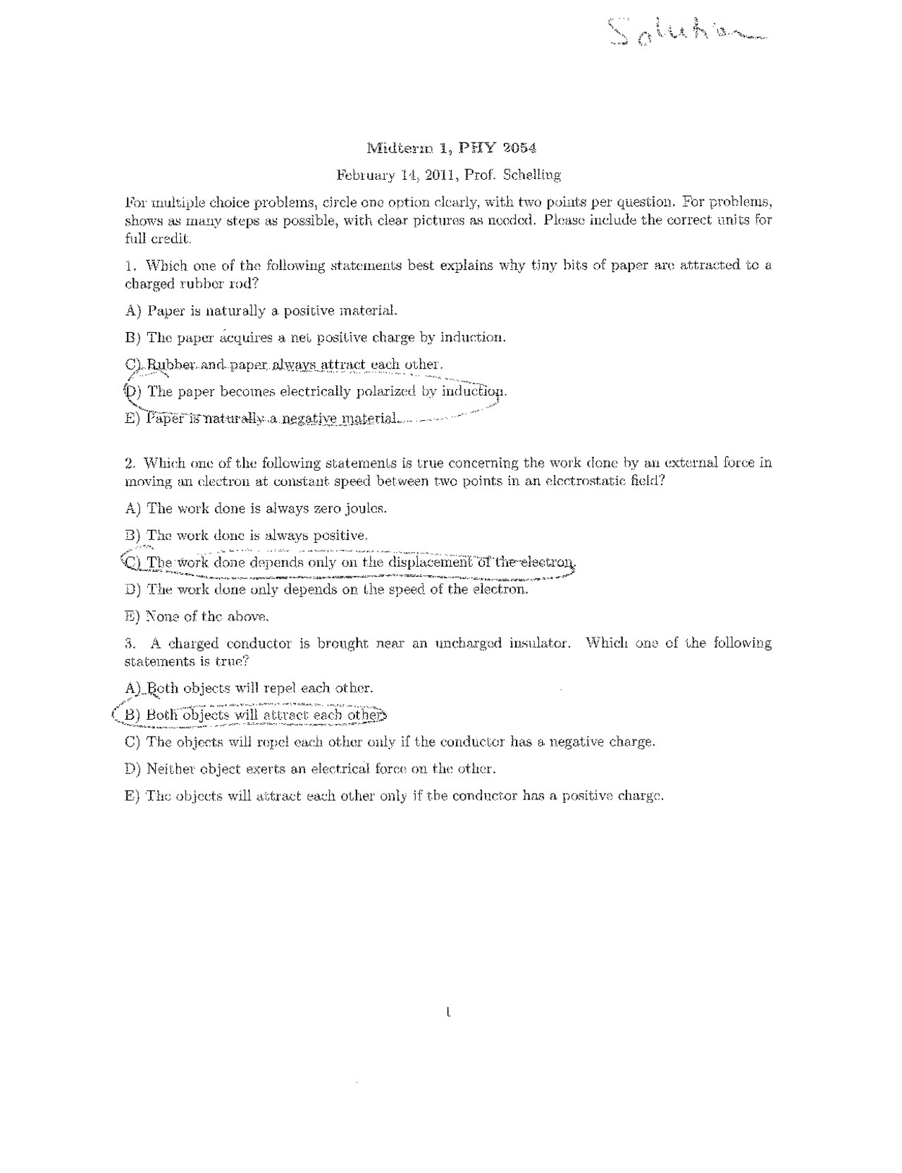 Midterm Exam 1 with Answer Key for College Physics II | PHY 2054C - Docsity