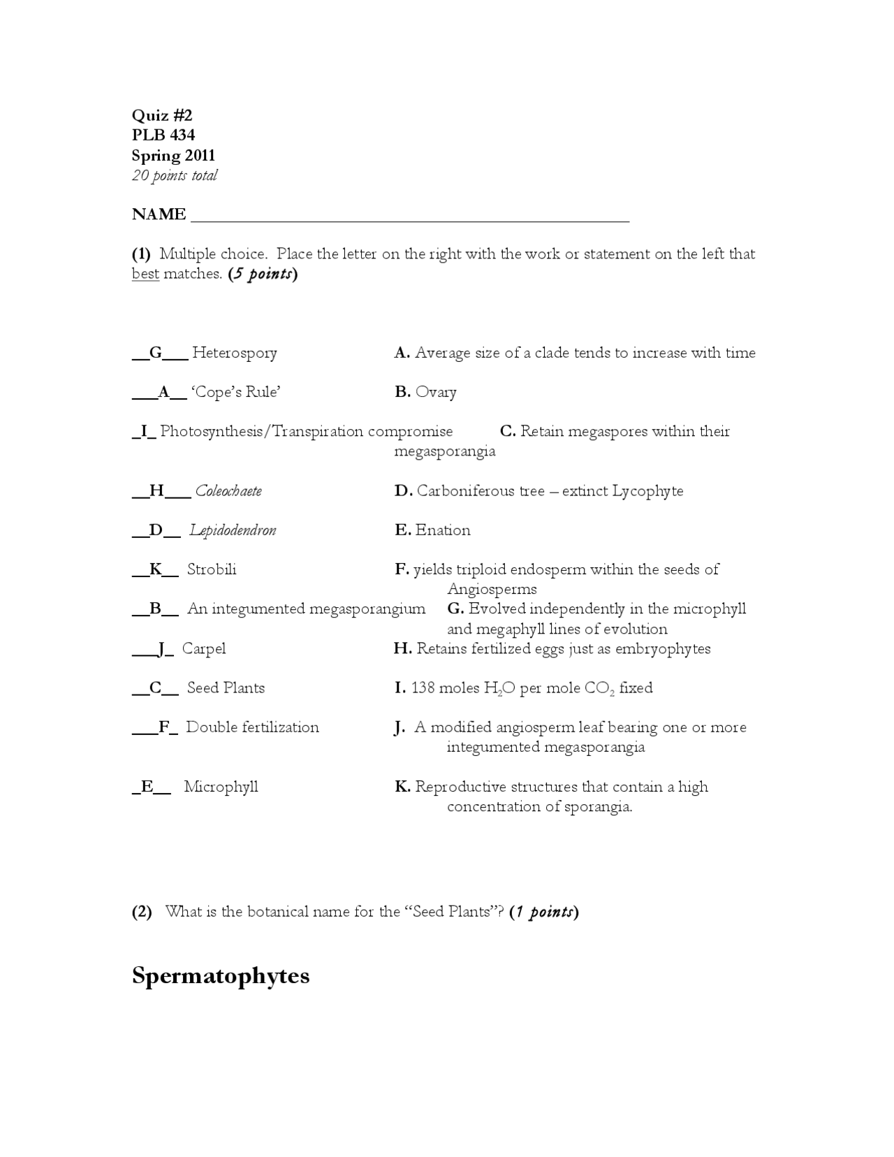Spermatophytes Of Plant Structure And Function Quiz 2 Plb 434