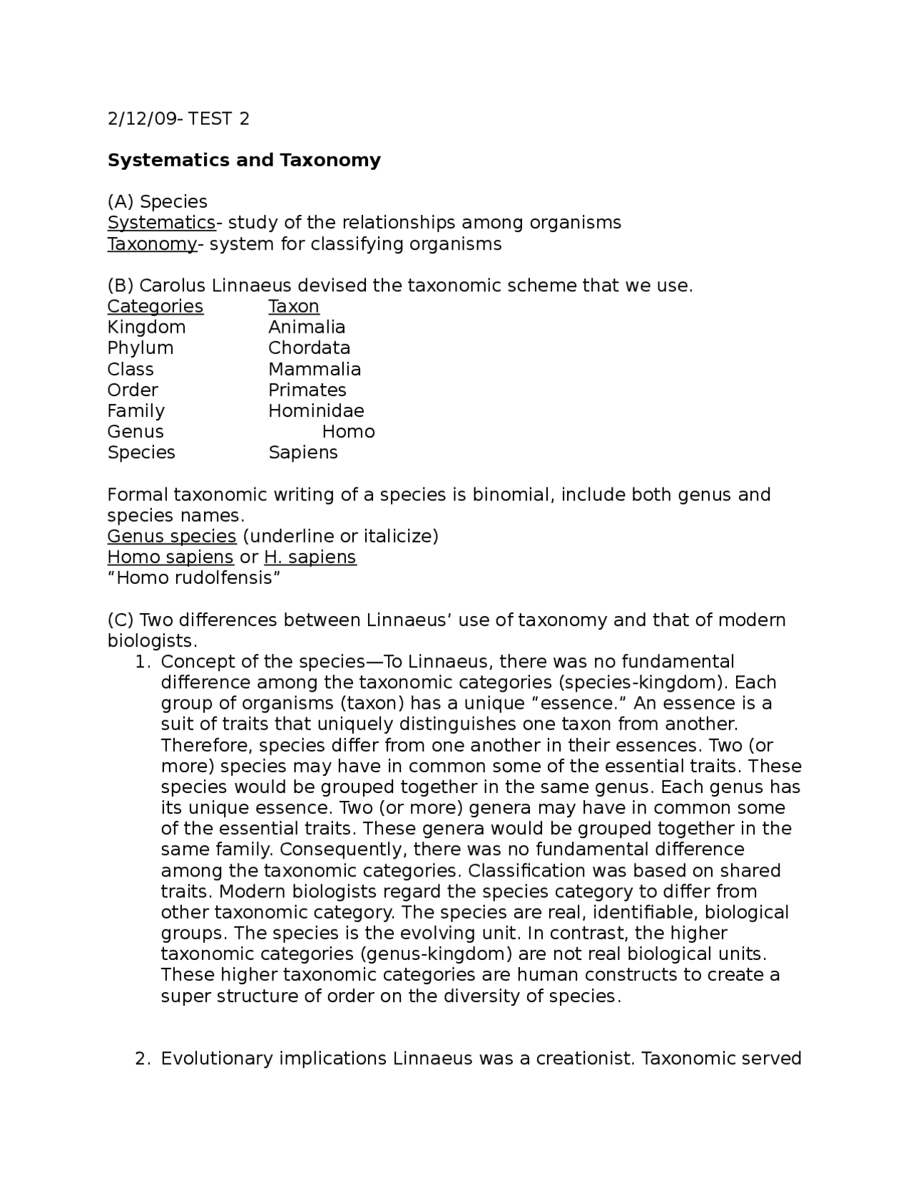 An Introduction To Systematics And Taxonomy Exam 2 Anth 1001 Docsity