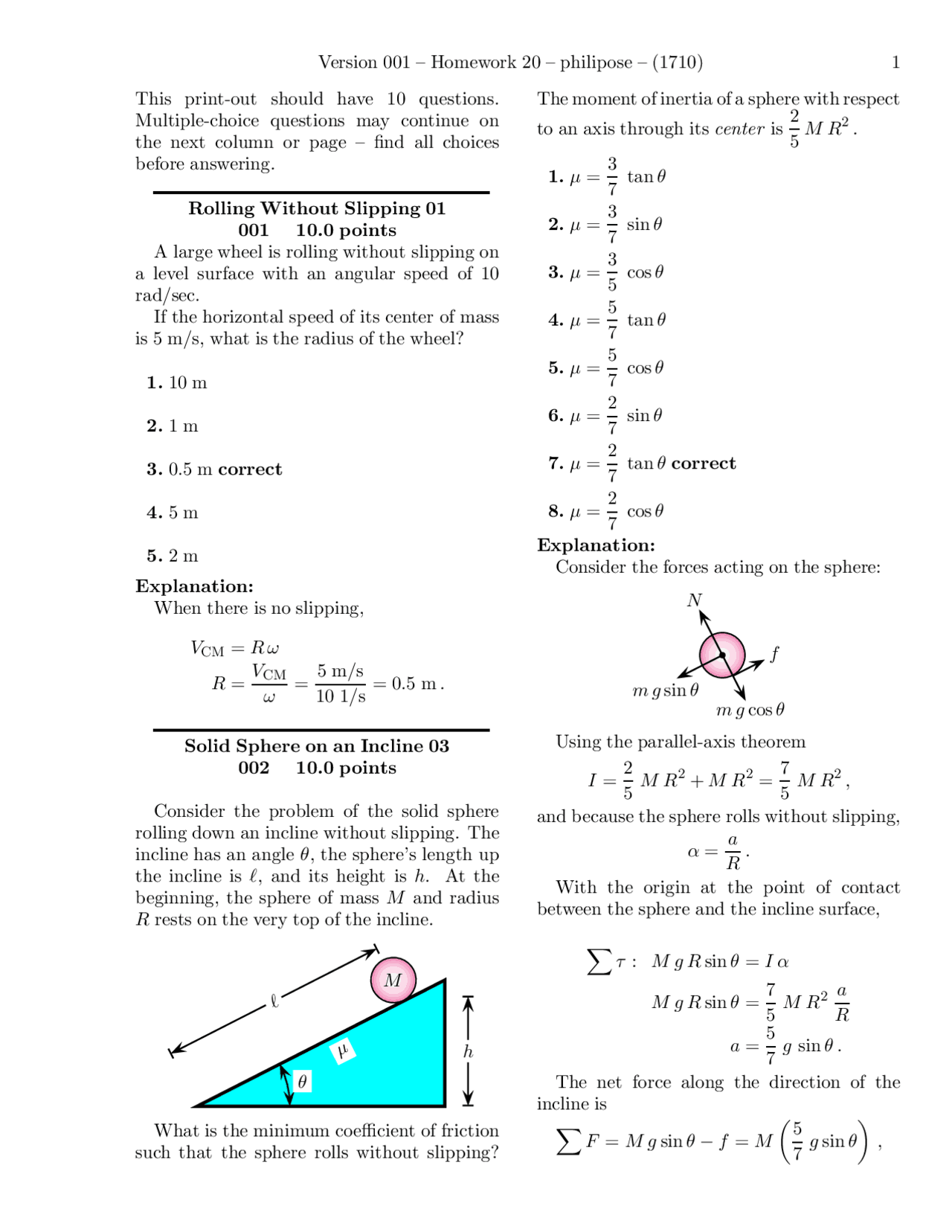 Rolling Without Slipping - Mechanics - Homework | PHYS 1710 - Docsity