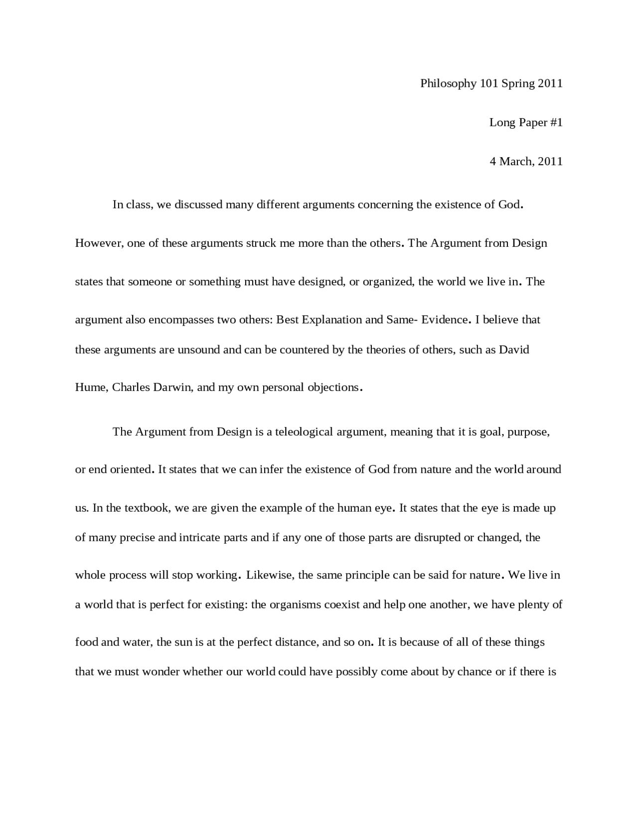 Long Paper 1 Spring 2011 Introduction To Philosophy Phil 101