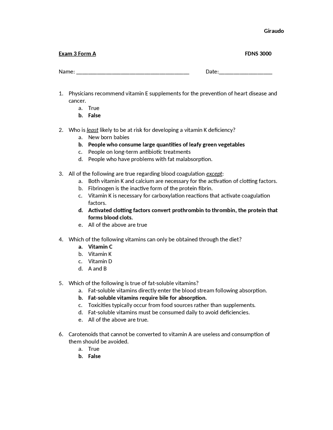 Exam 3A with Answer - Human Nutrition for Health Professionals | FDNS ...