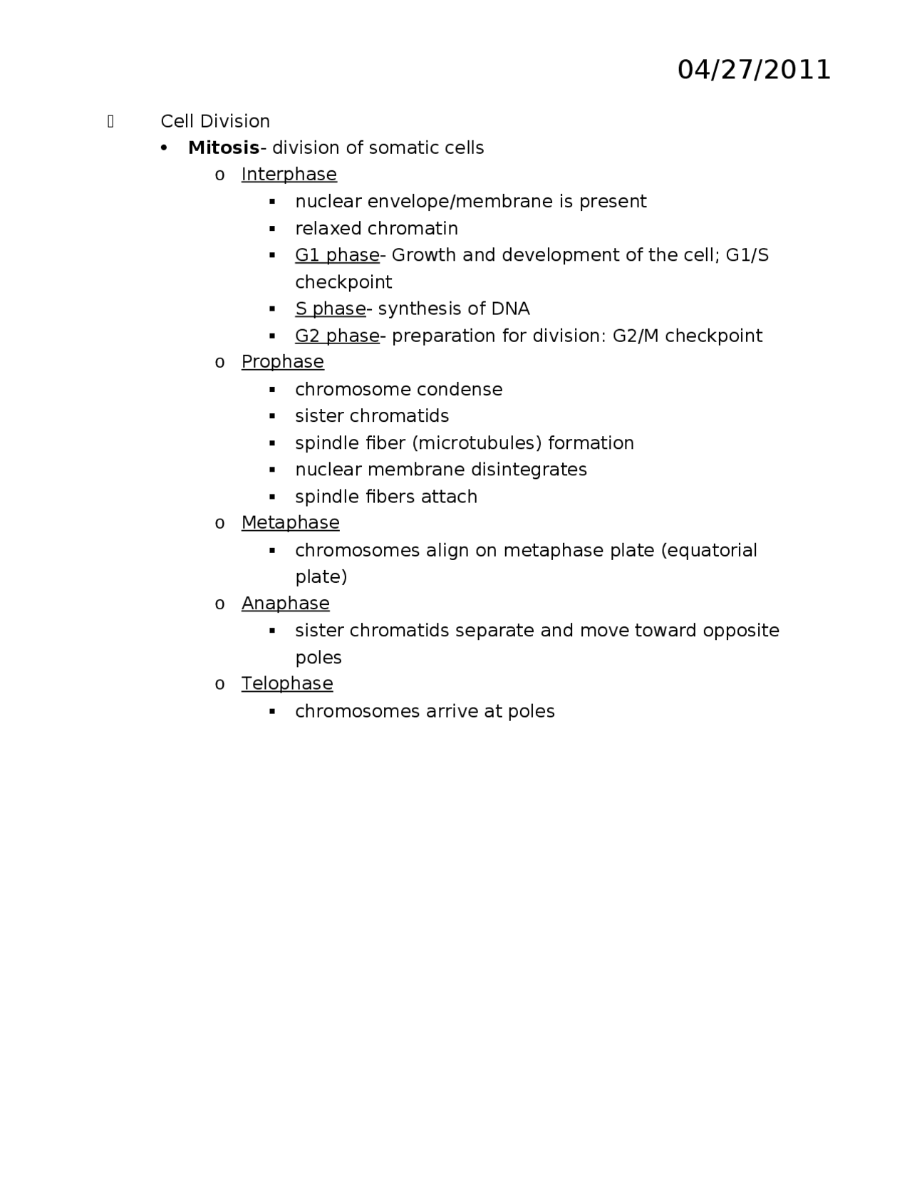 Review Notes On Cell Division Genetics Mcb 2410 Docsity