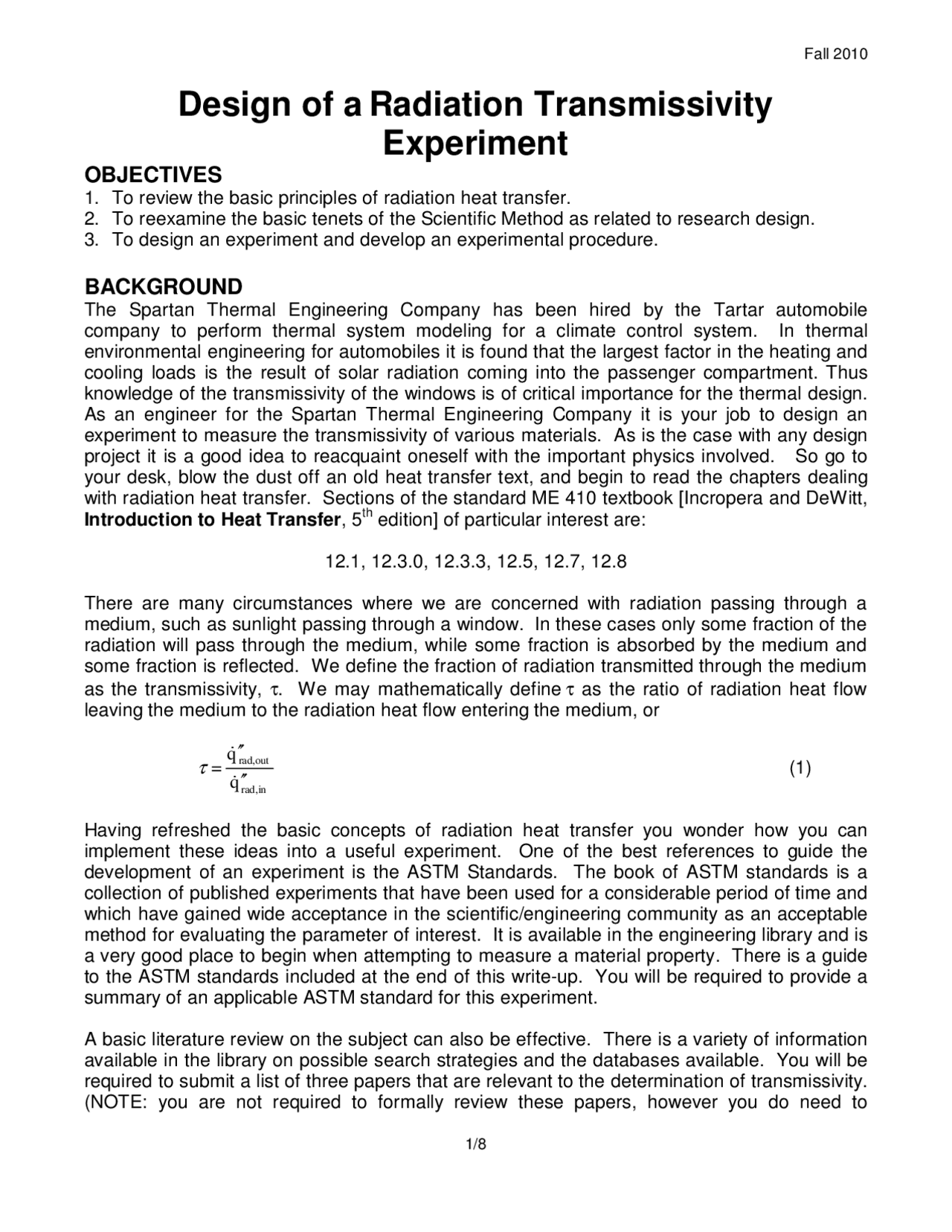 Design of a Radiation Transmissivity Experiment - Notes | ME 412 ...