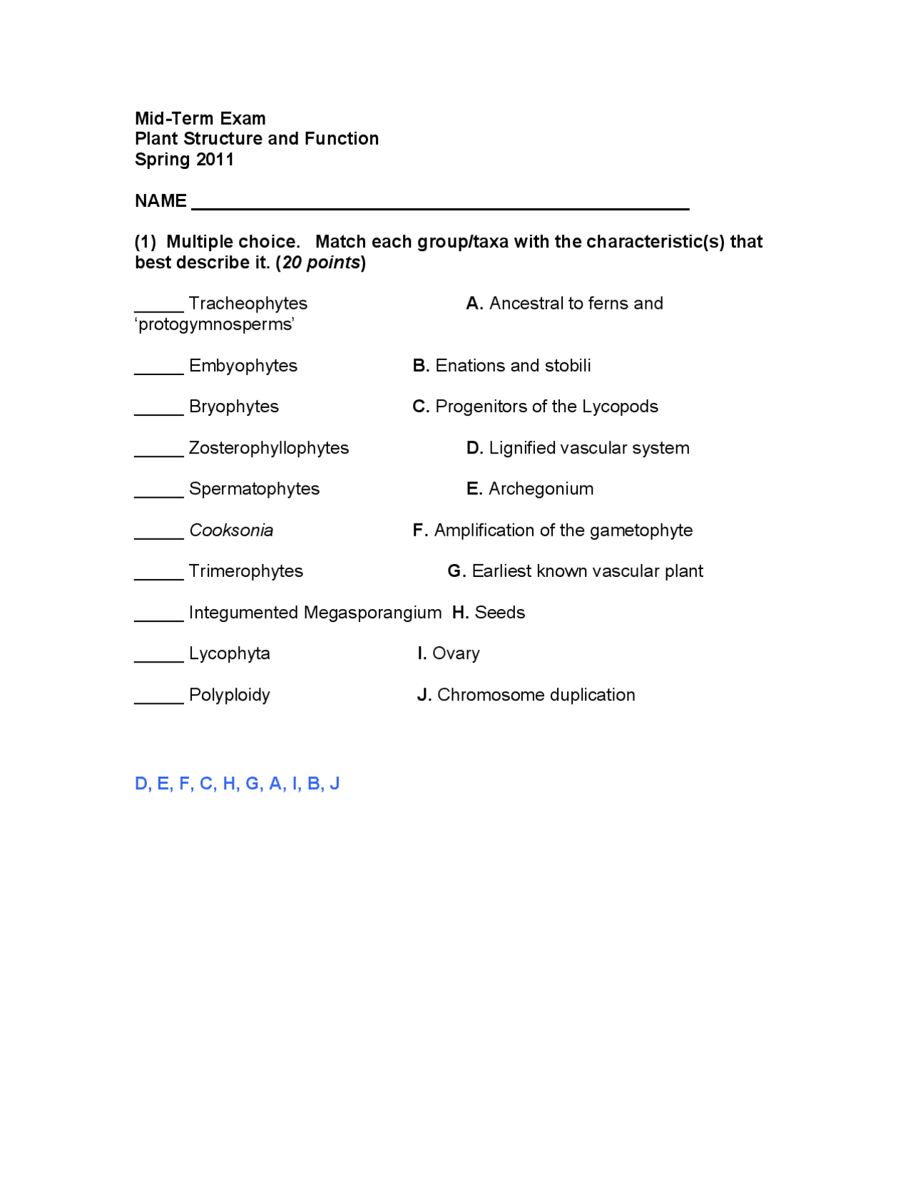 Plant Structure And Functions Midterm Exam Plb 434 Docsity