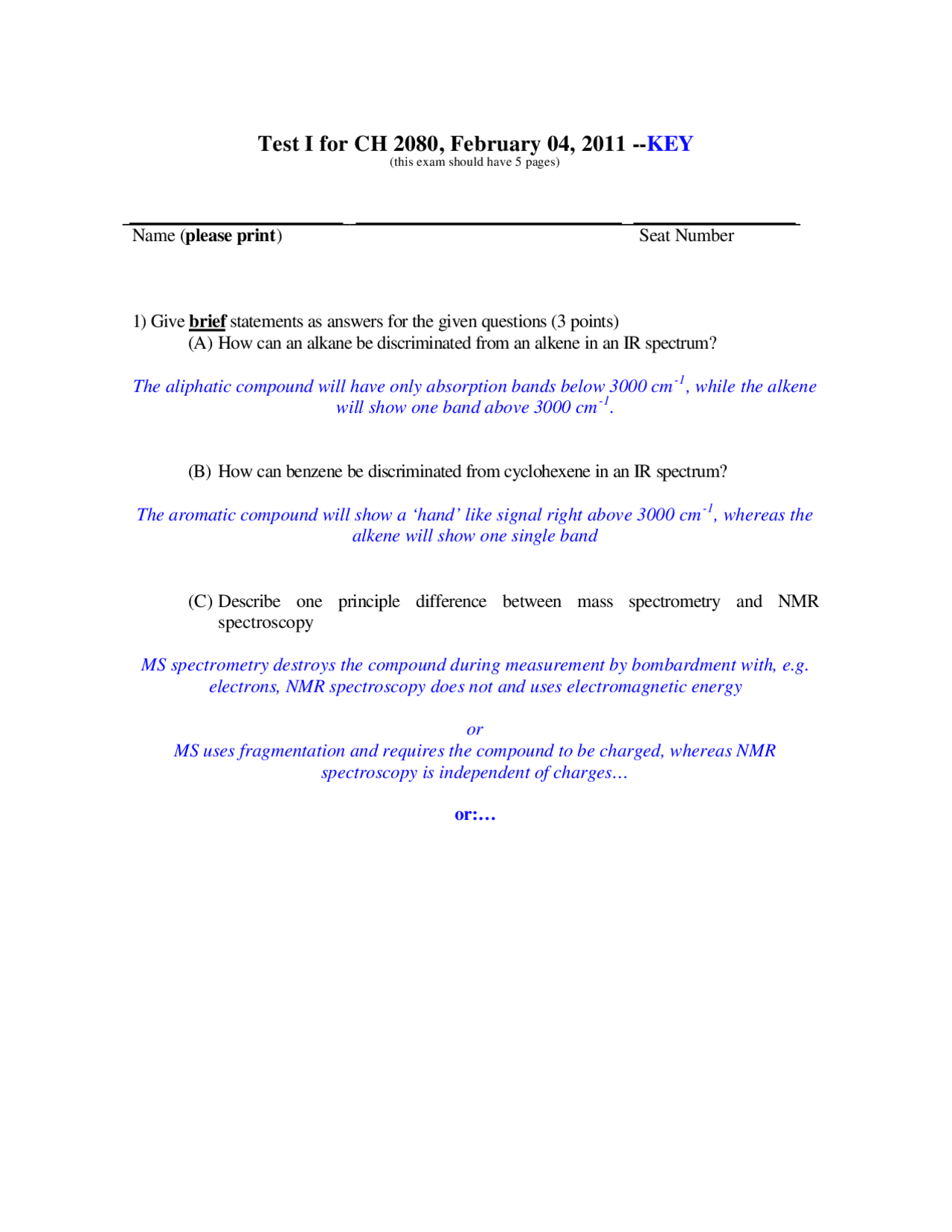 Old Test 1 With Answer Key Organic Chemistry Ii Chem 2080 Docsity