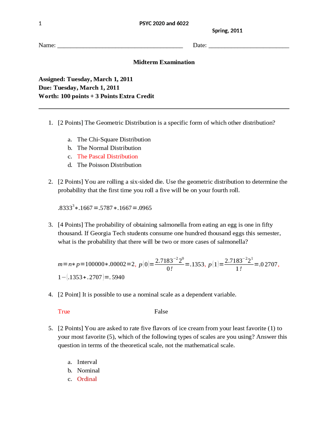 Midterm Exam Questions On Psychological Statistics With Solutions