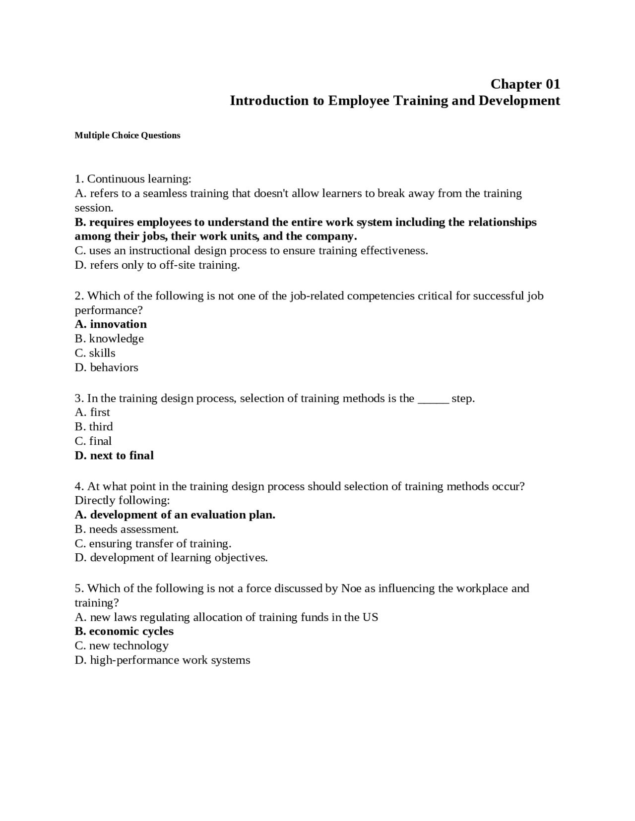 Introduction to Employee Training and Development - Multiple Choice ...