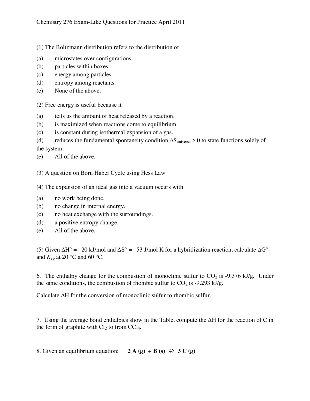Practice Exam 2 - Chemistry Fundamentals II | CHEM 276 - Docsity