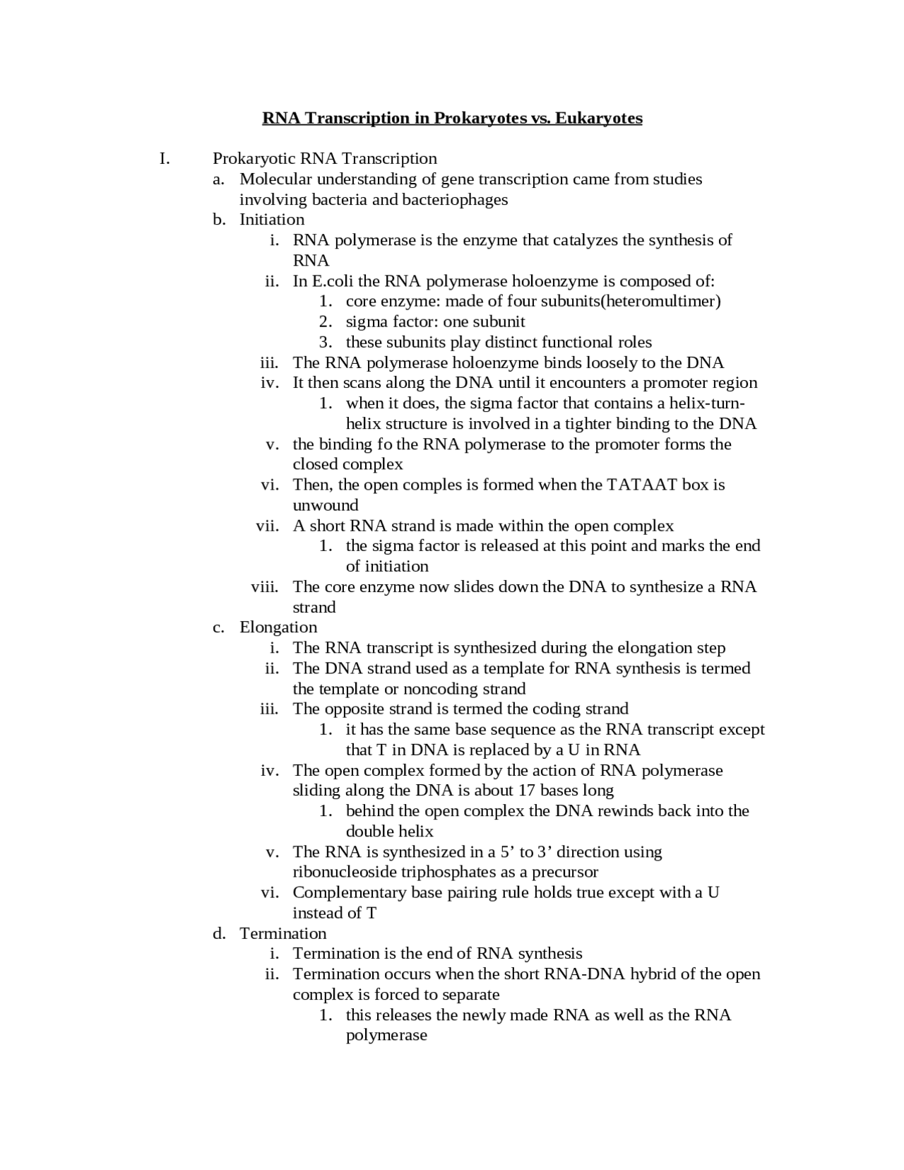 Rna Transcription In Prokaryotes Vs Eukaryotes Notes Bio 303 Docsity