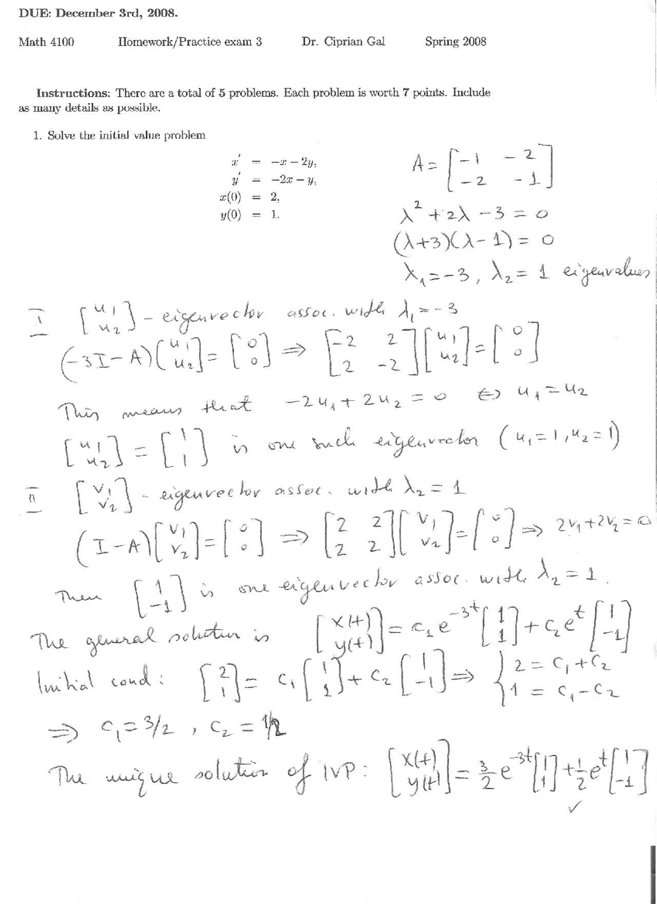 Practice Exam 3 with Answers - Differential Equations | MATH 4100 - Docsity