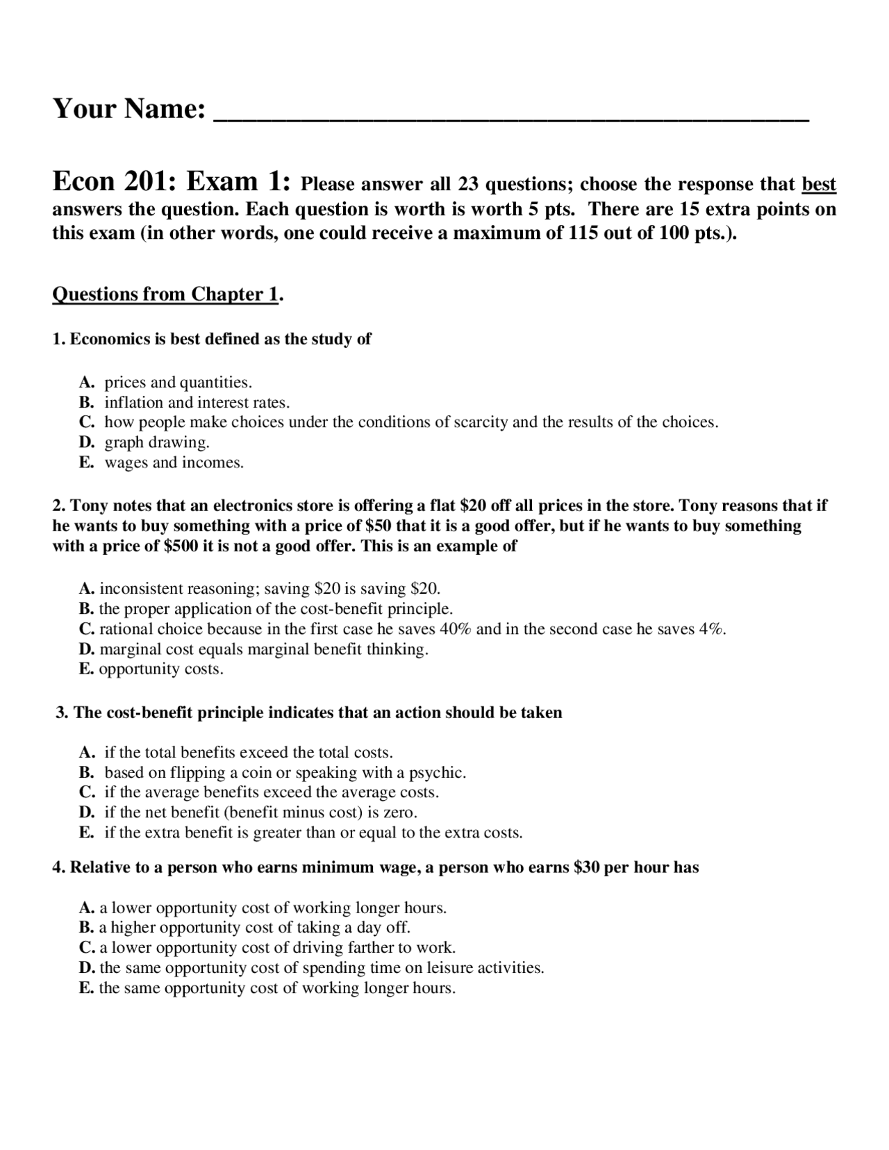 Midterm Exam Principles Of Microeconomics Econ 201 Docsity
