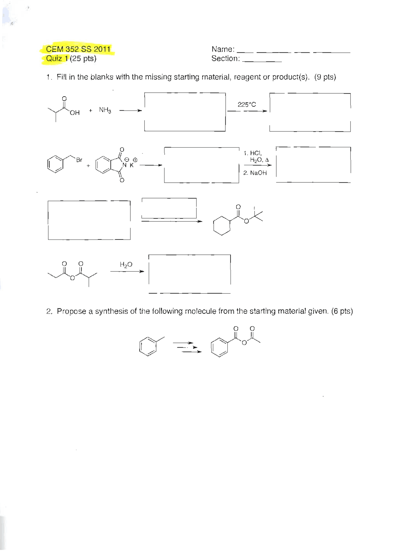 Quiz 1 With Resolution For Organic Chemistry Ii Cem 352 Docsity