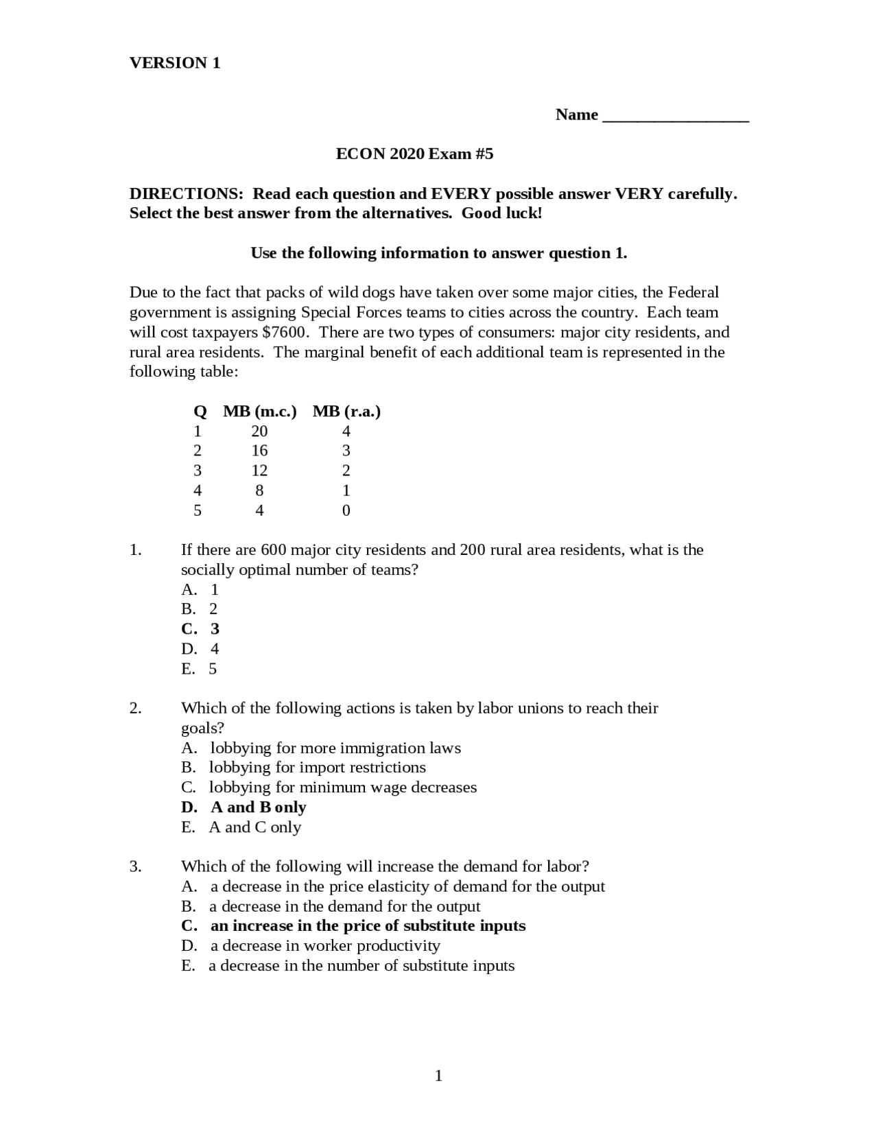 Exam 5 Version 1 For Principles Of Microeconomics Econ 2020 Docsity