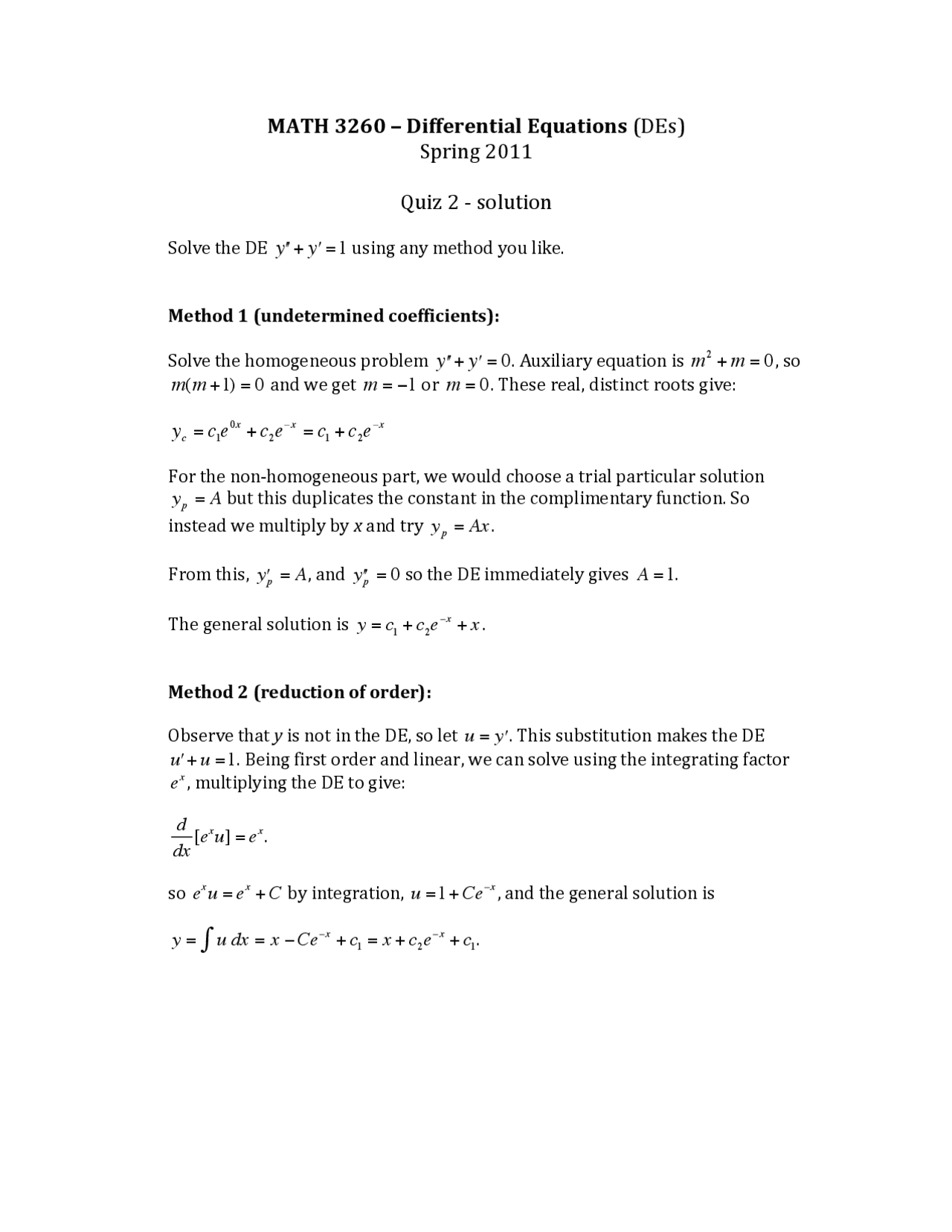 Undetermined Coefficients and Reduction of Order | MATH 3260 - Docsity