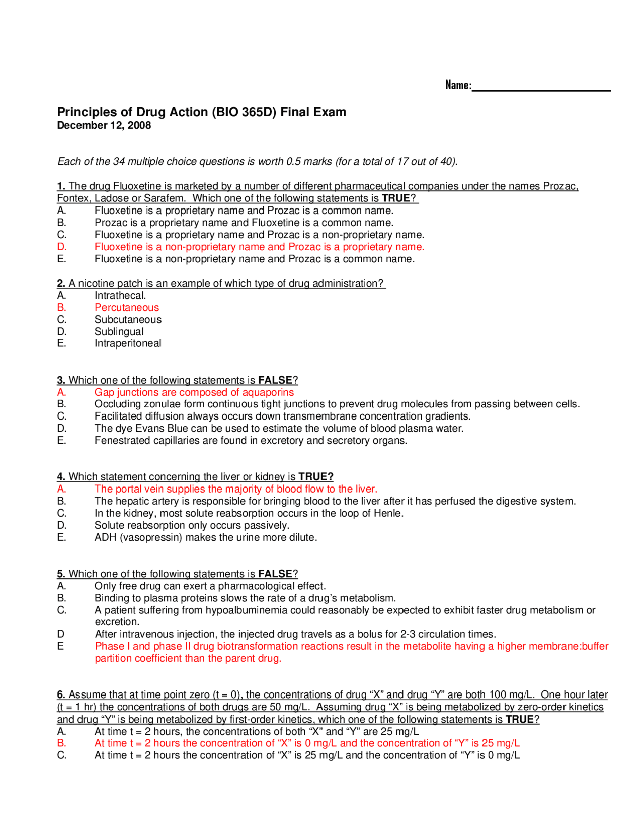 Final Exam With Answer Principle Of Drug Action Bio 365d Docsity