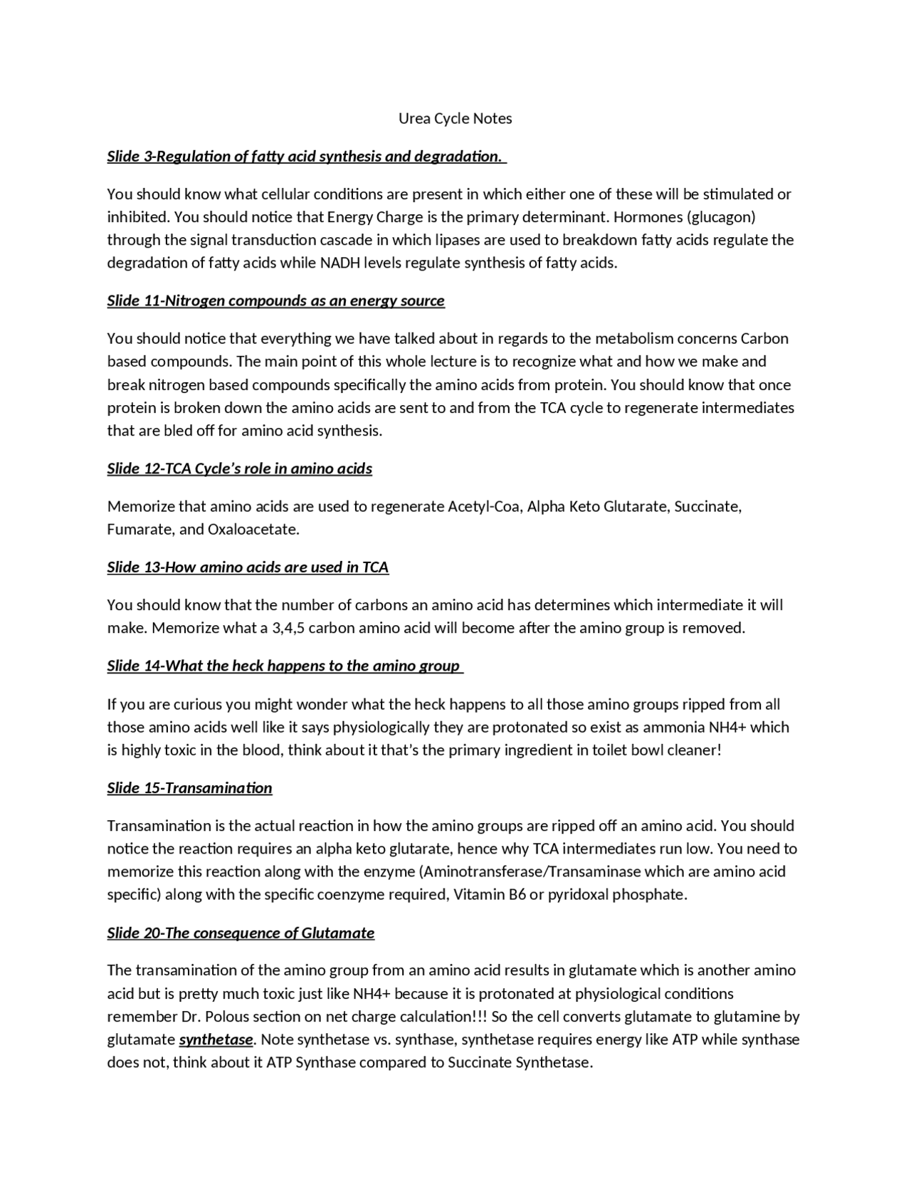 Urea Cycle Notes - Biochemistry | Bio Sci 98 - Docsity