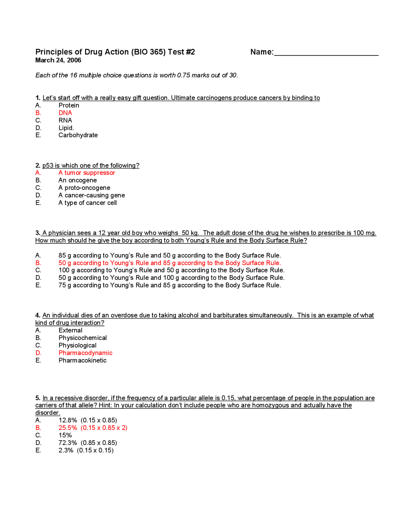 Principles Of Drug Action Test 2 With Solutions Bio 365d Docsity