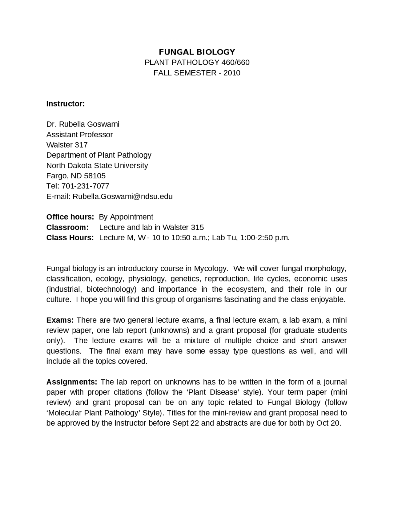 Plant Pathology - Fungal Biology - Syllabus | PPTH 660 - Docsity