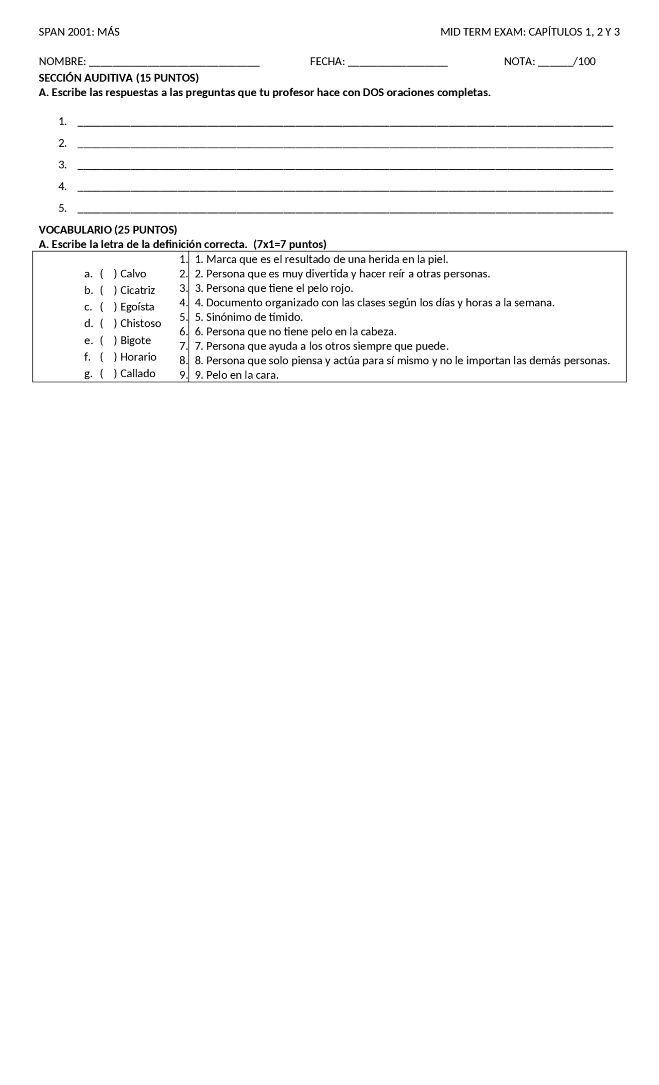 Midterm Exam Questions for Intermediate Spanish | SPAN 2001 - Docsity