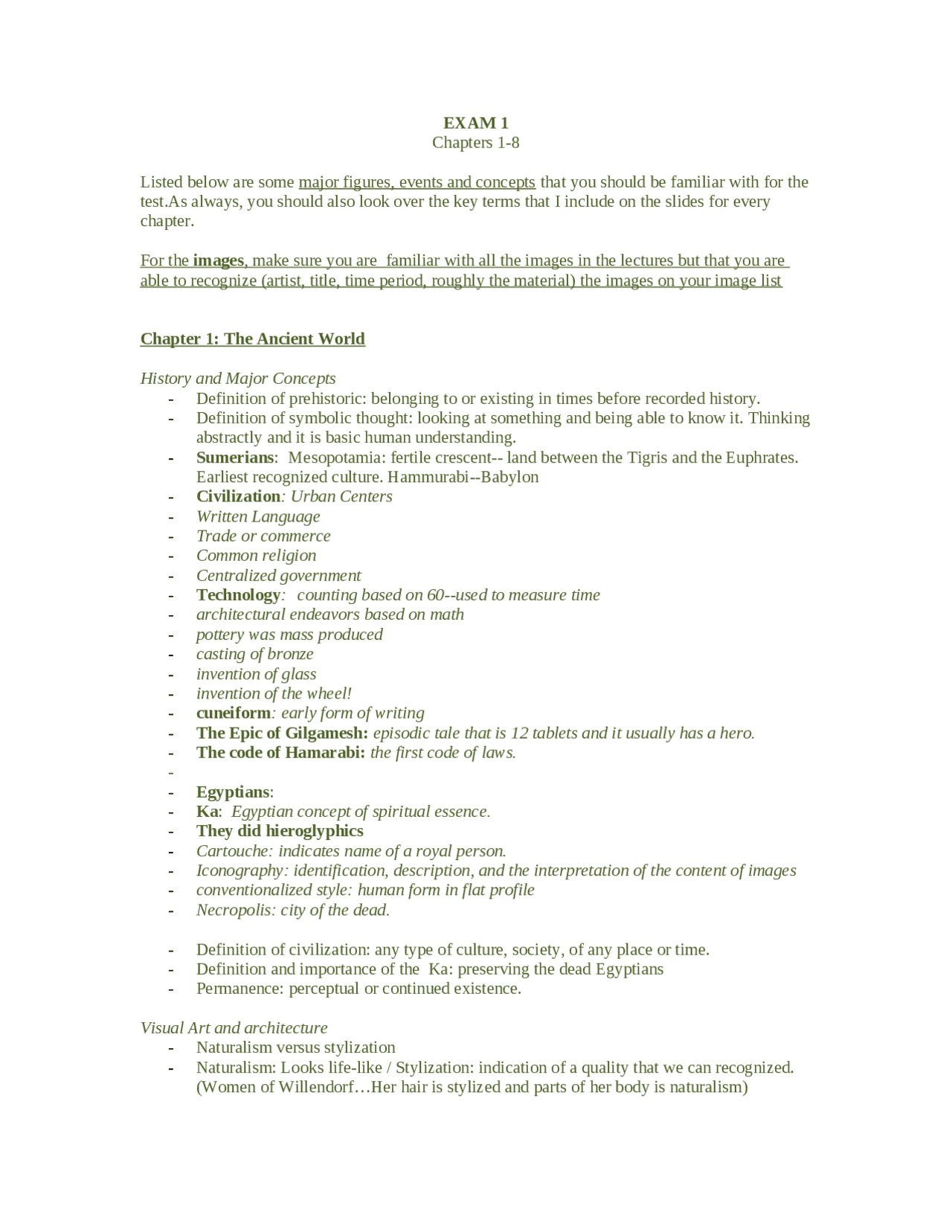 Exam 1 Study Guide | Introduction to Fine Arts | ART 2313 - Docsity