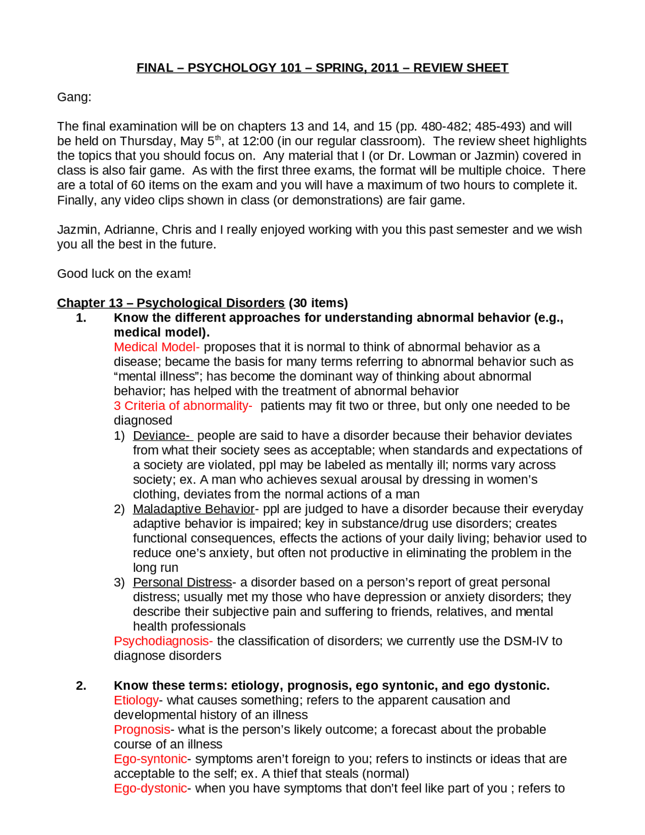 Review Sheet For General Psychology Psyc 101 Docsity