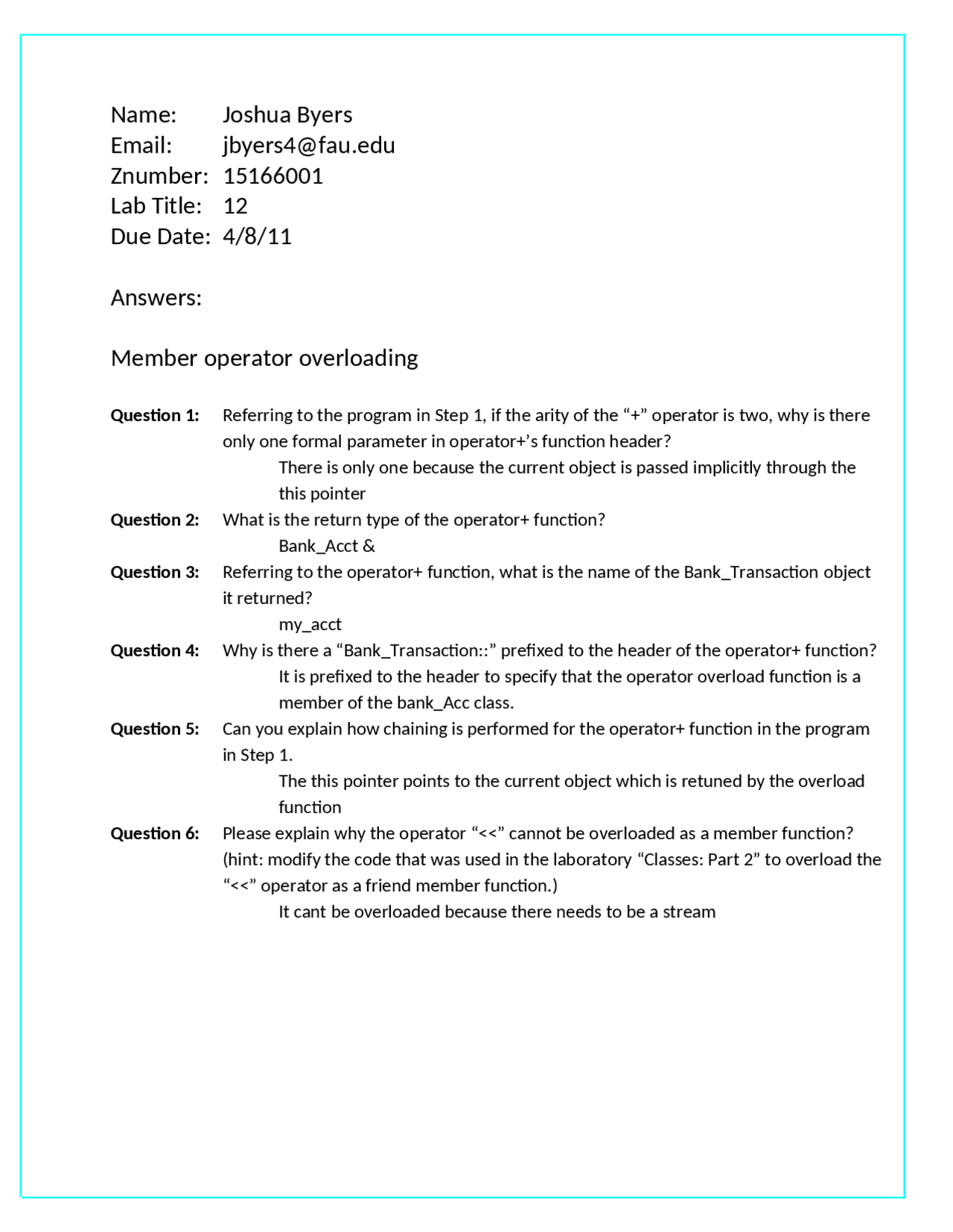 Member Operator Overloading - Foundation of Computer Science Lab | COT 3002L - Docsity
