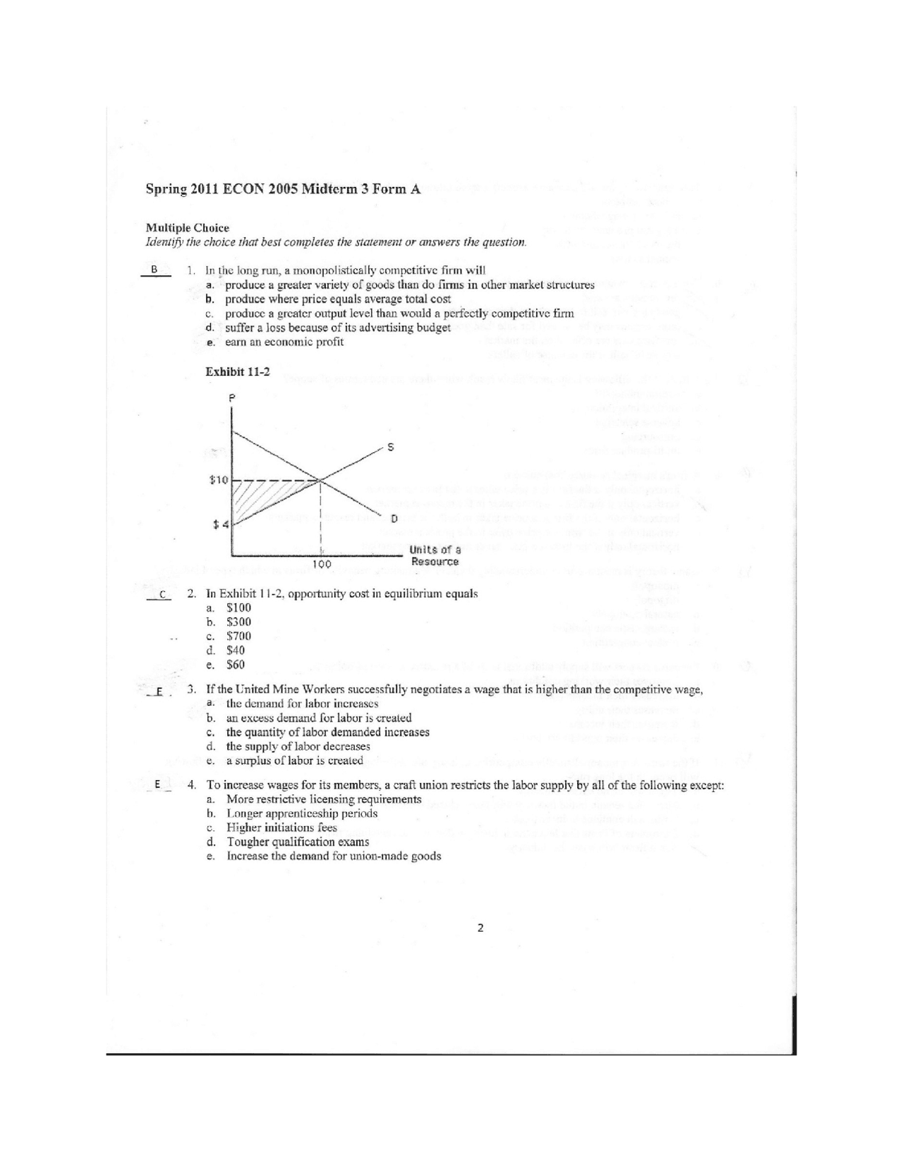 Principles Of Economics Midterm Exam 3a With Answers Econ 2005
