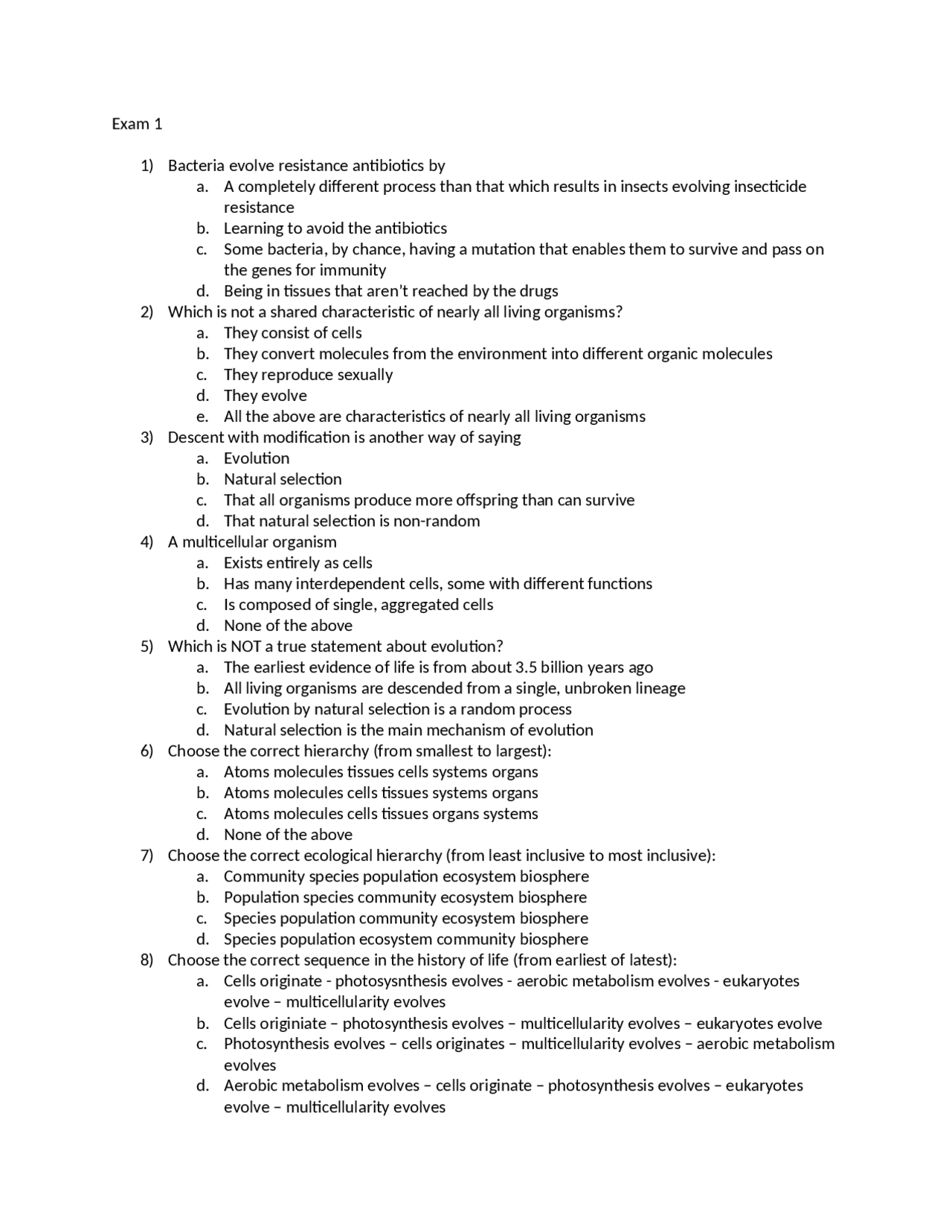 Exam 1 Organisms And Populations Bs 110 Docsity