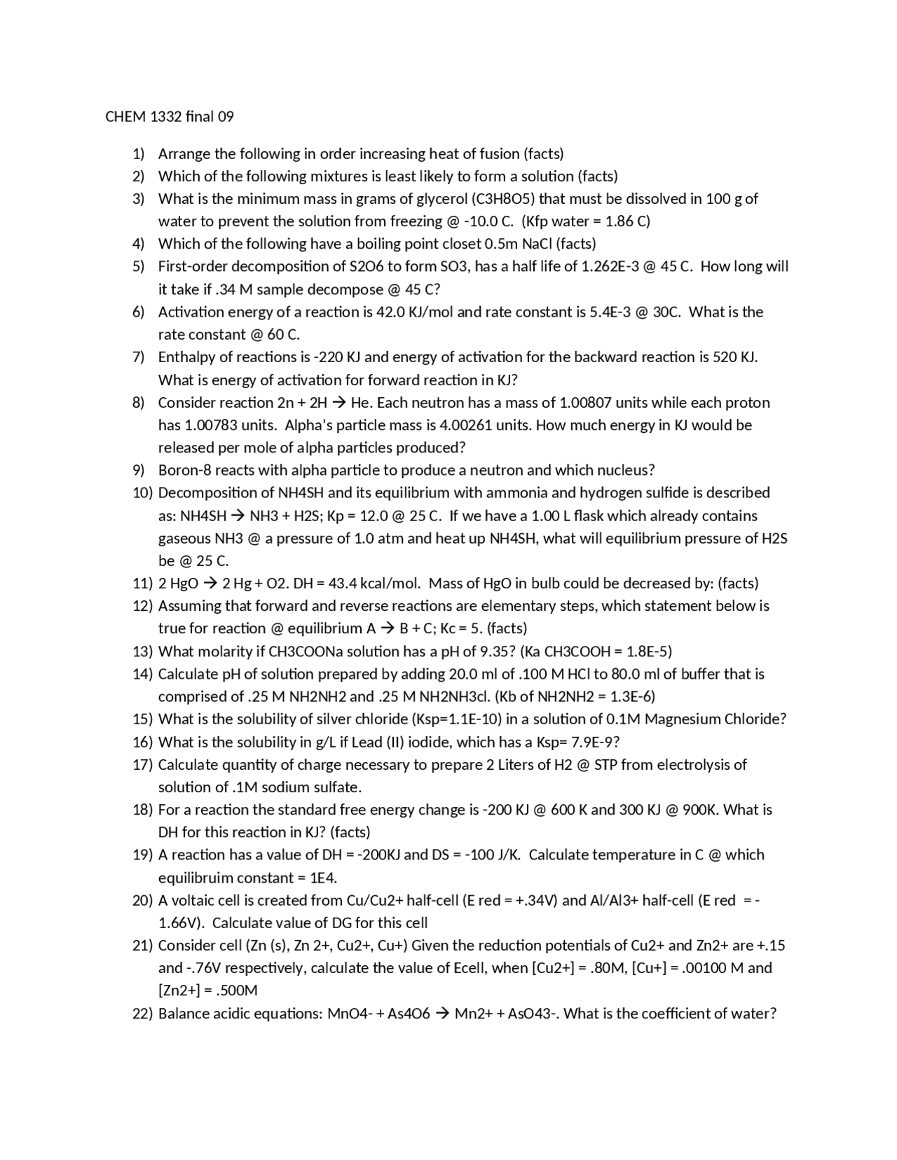 Final Exam Questions for Fundamentals of Chemistry | CHEM 1332 - Docsity