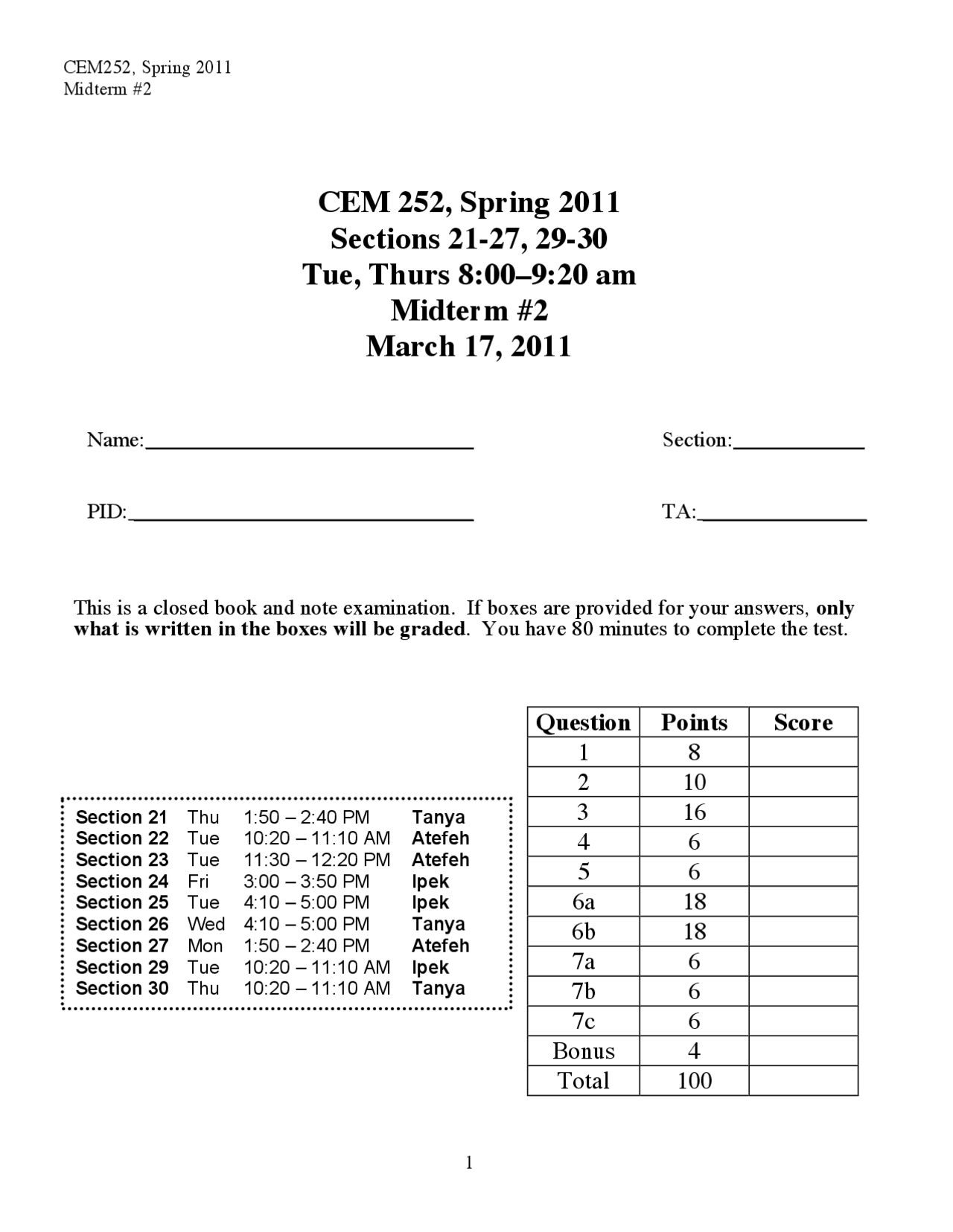 Questions On Organic Chemistry Ii Midterm Ii Cem 252 Docsity