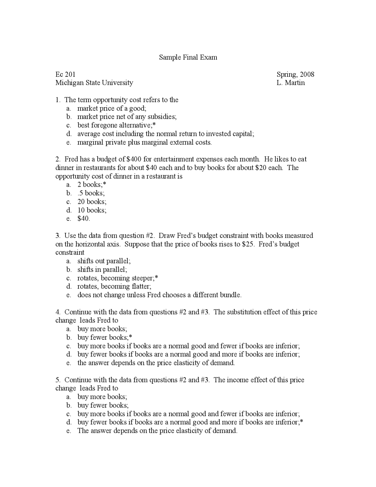 Introduction to Microeconomics - Sample Final Exam Questions | EC 201 | Exams Microeconomics ...