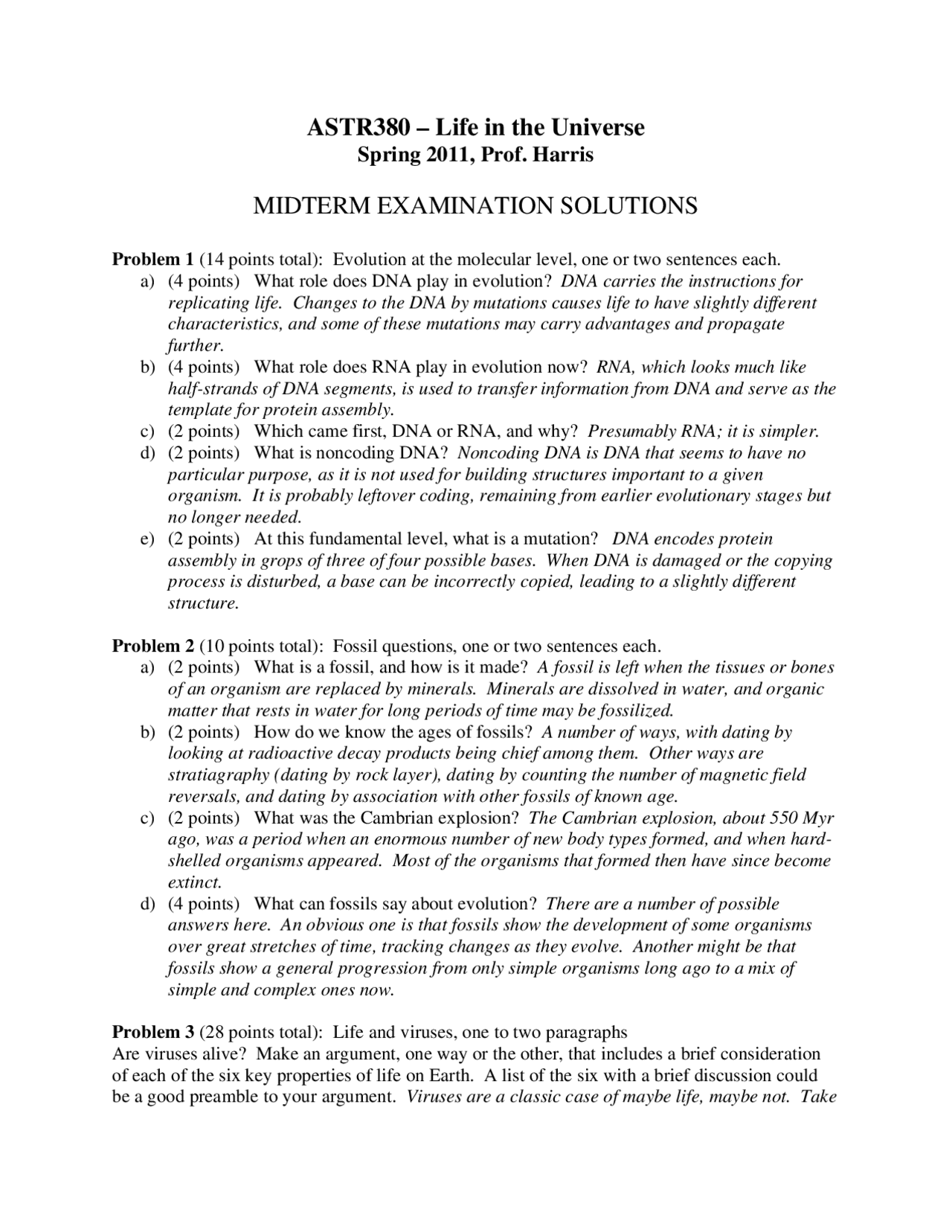 Midterm Exam Solution Life In Universe Astrobio Astr 380 Docsity