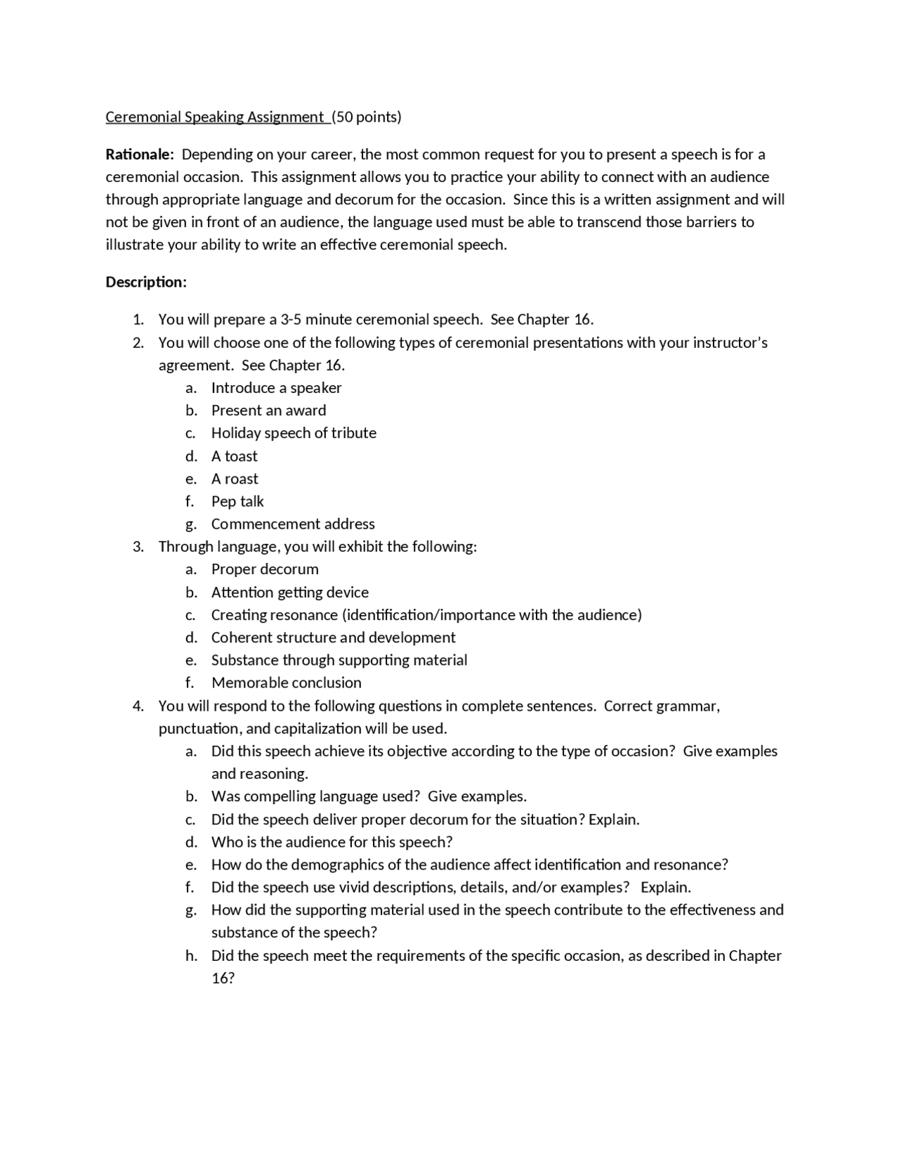 Ceremonial Speech Assignment Fundamentals Speech Communication Cmm